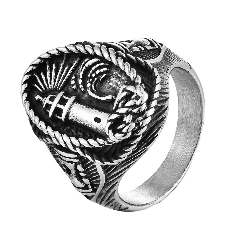 HIJONES Men's Stainless Steel Gothic Lighthouse Signet Ring Rope ...