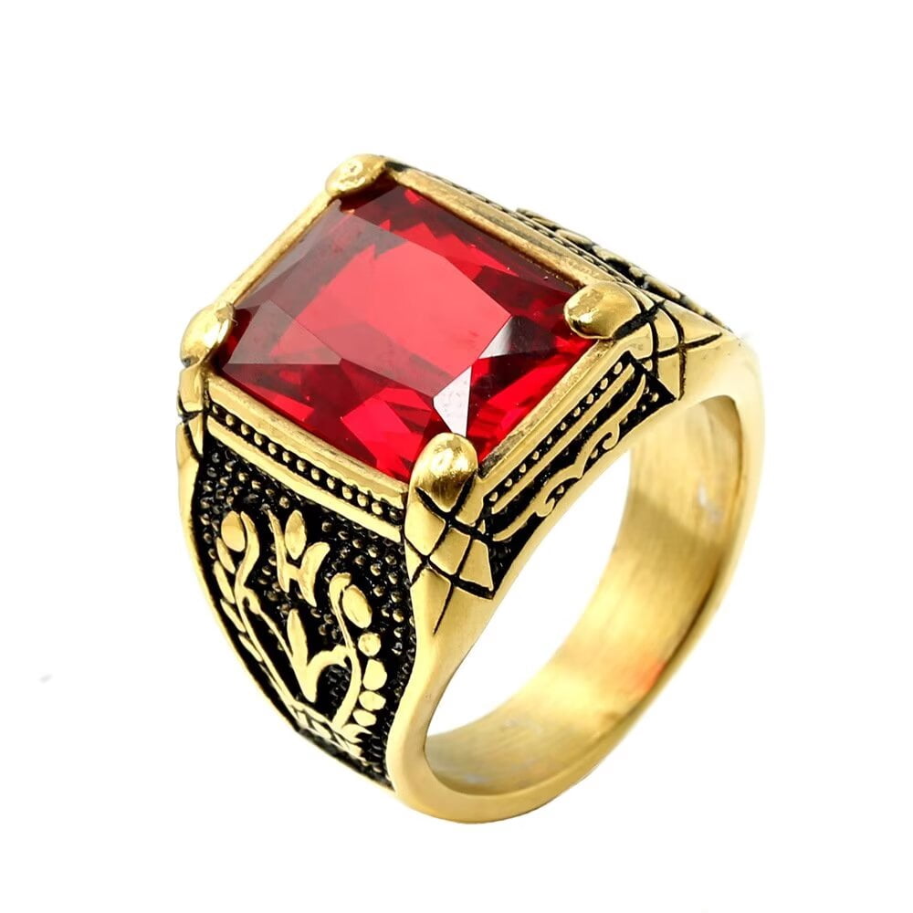 HIJONES Men's Stainless Steel Red Stone Gem Ring Flower Pinky Thumb ...