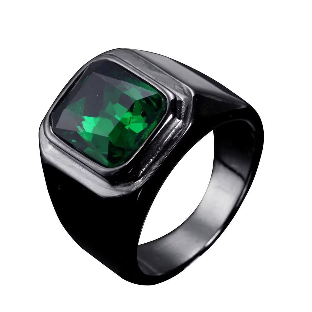 HIJONES Men's Stone Ring Black Stainless Steel Large Square Zirconia ...