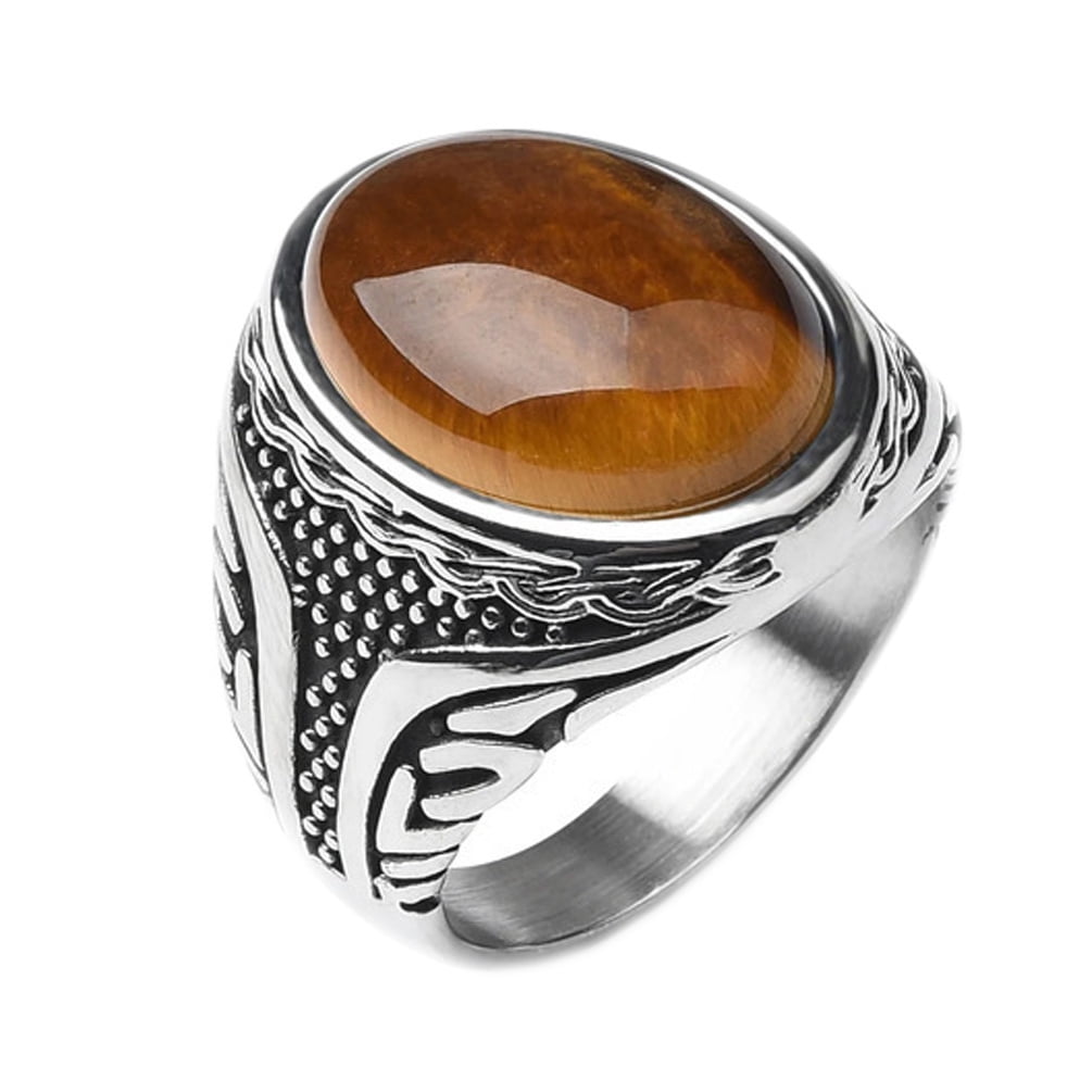 HIJONES Men's Women's Stainless Steel Gemstone Engraved Ring Tiger's ...