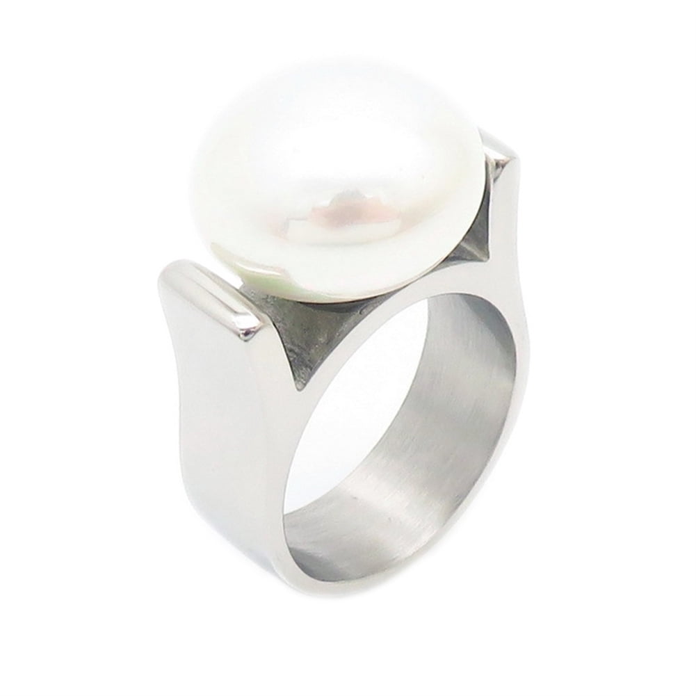 HIJONES Women's Stainless Steel Solitaire Pearl Gem Ring Matte Promised ...