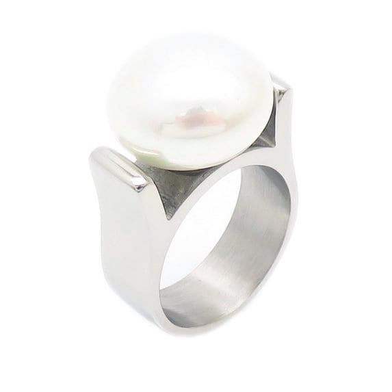 HIJONES Women's Stainless Steel Solitaire Pearl Gem Ring Matte Promised ...