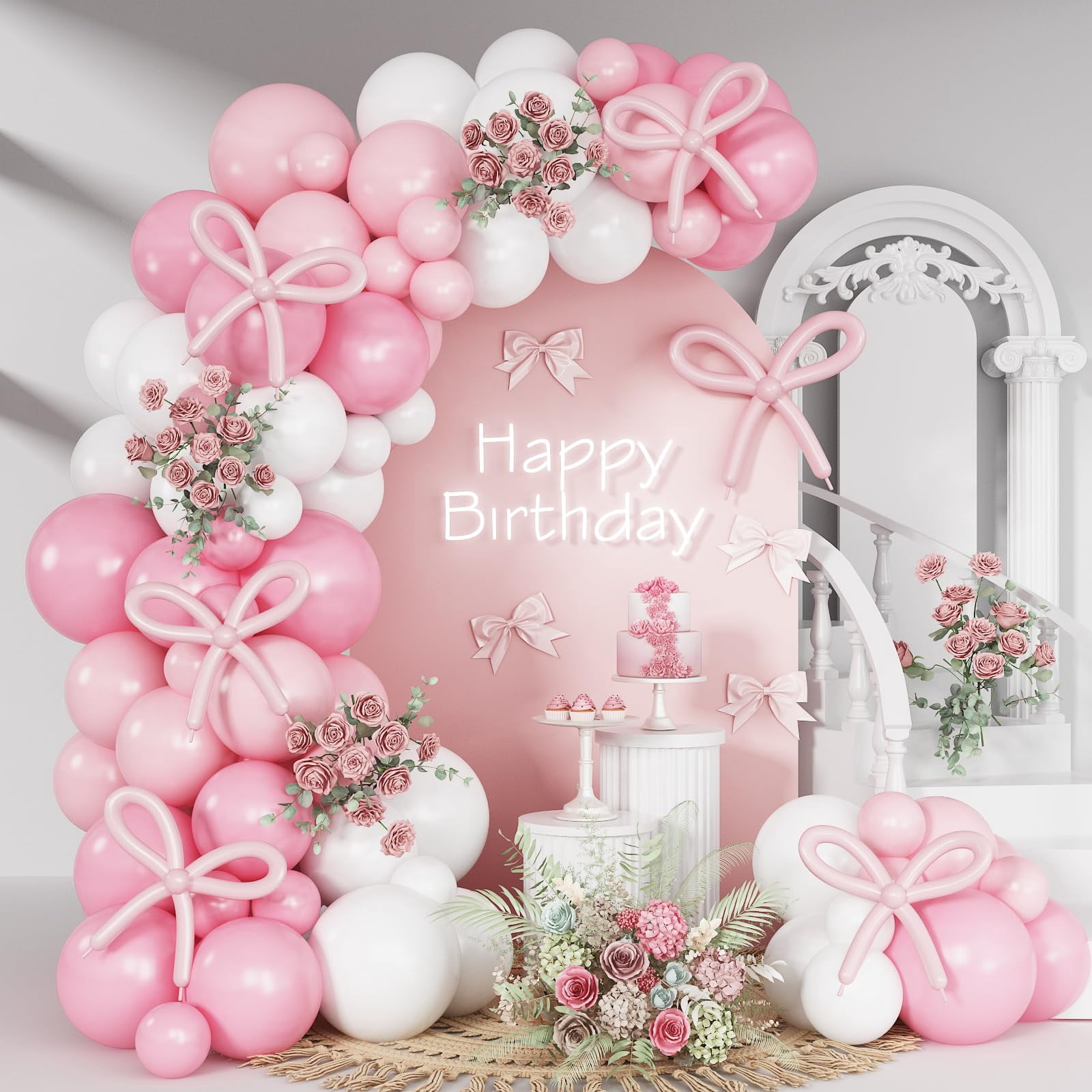 HILAVO Pink Bow Balloon RRF12 Arch Kit Pink White Balloons Garl91 Pcs ...
