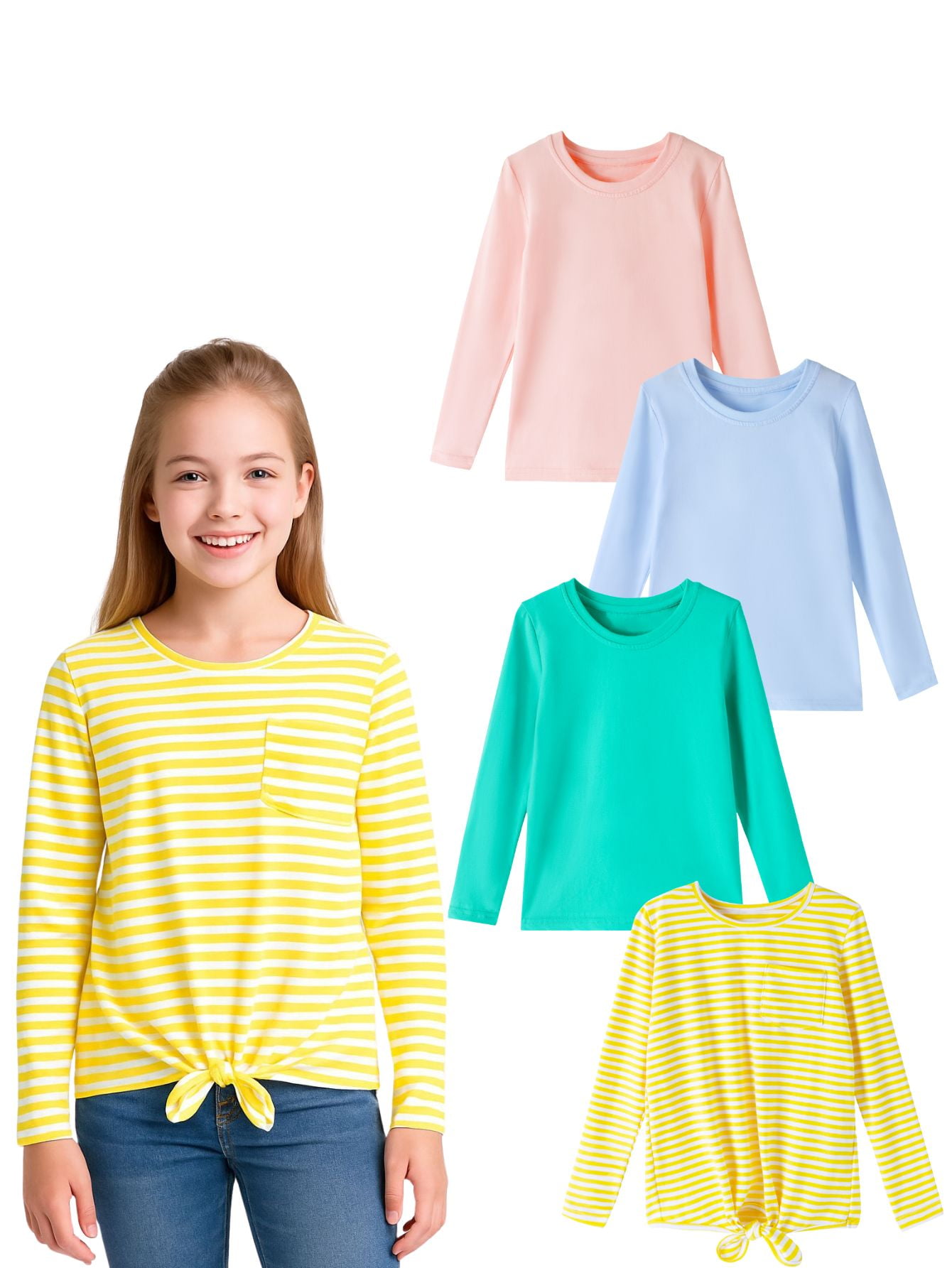 HILEELANG Girls 100% Cotton Long Sleeve T-Shirt 4-Pack, Blue Pink Green ...