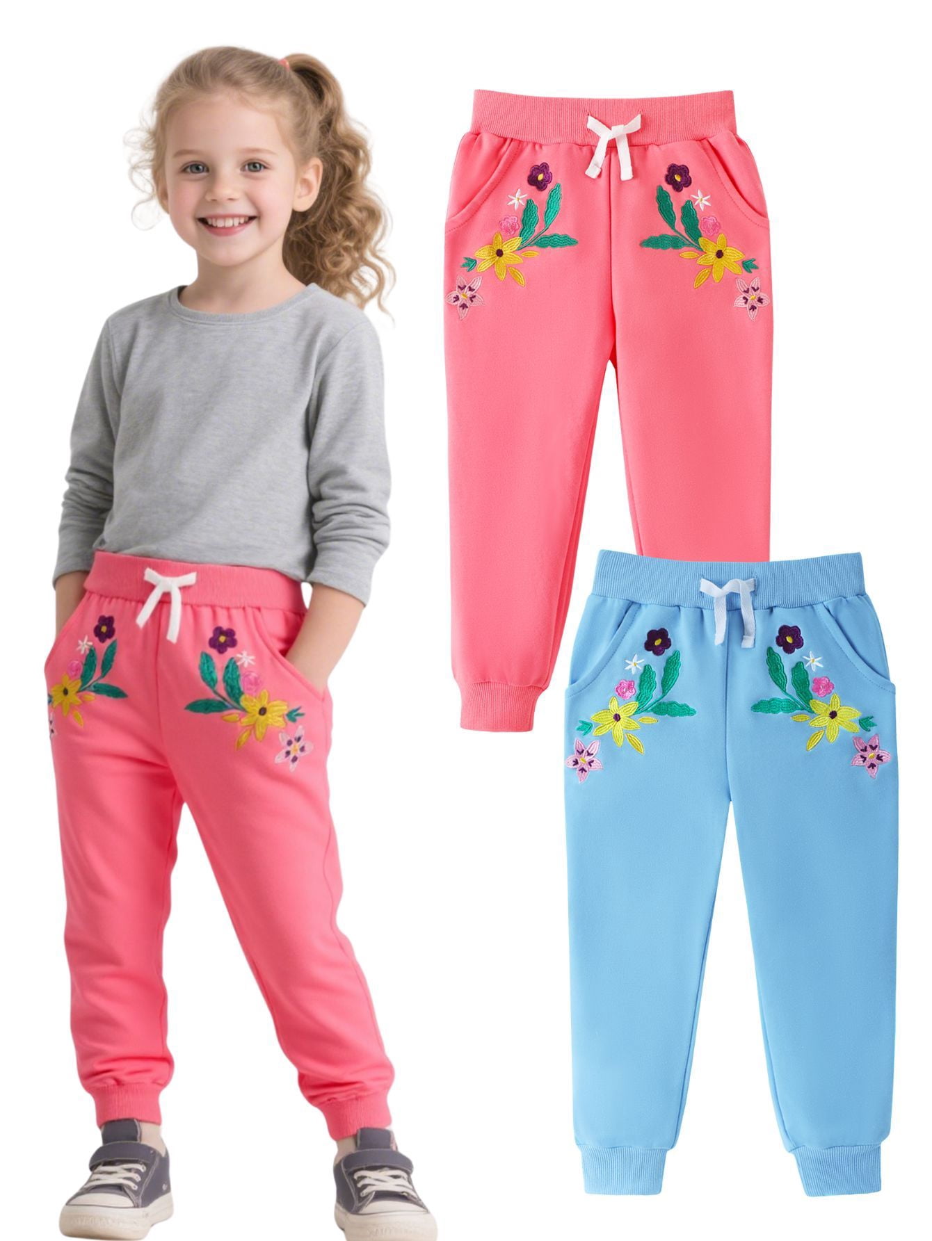 HILEELANG Toddler Girls（Age:12M-7Y) Cotton Joggers Sweatpants Floral ...
