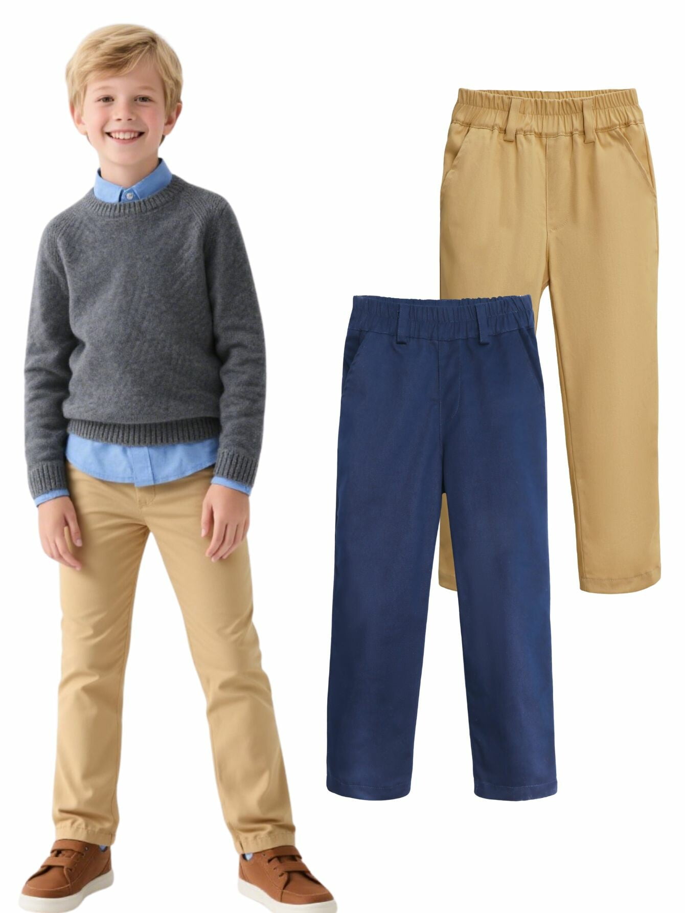 HILEELANG 2PC Tween Boys Girls School Uniform Pants Khaki Navy Blue ...
