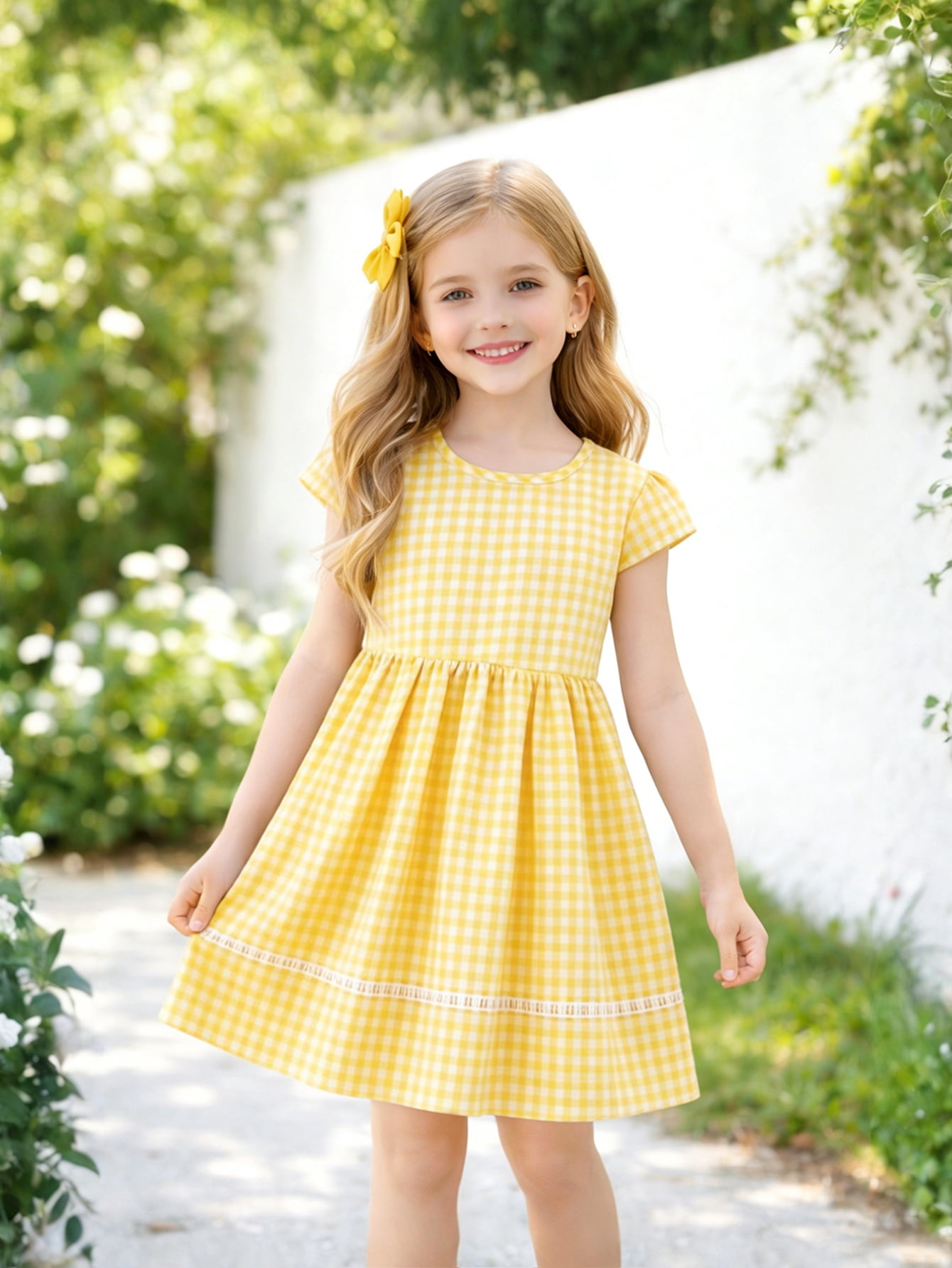 HILEELANG 3-13T Little/Big Girls Yellow Gingham 100% Cotton Dress Size ...
