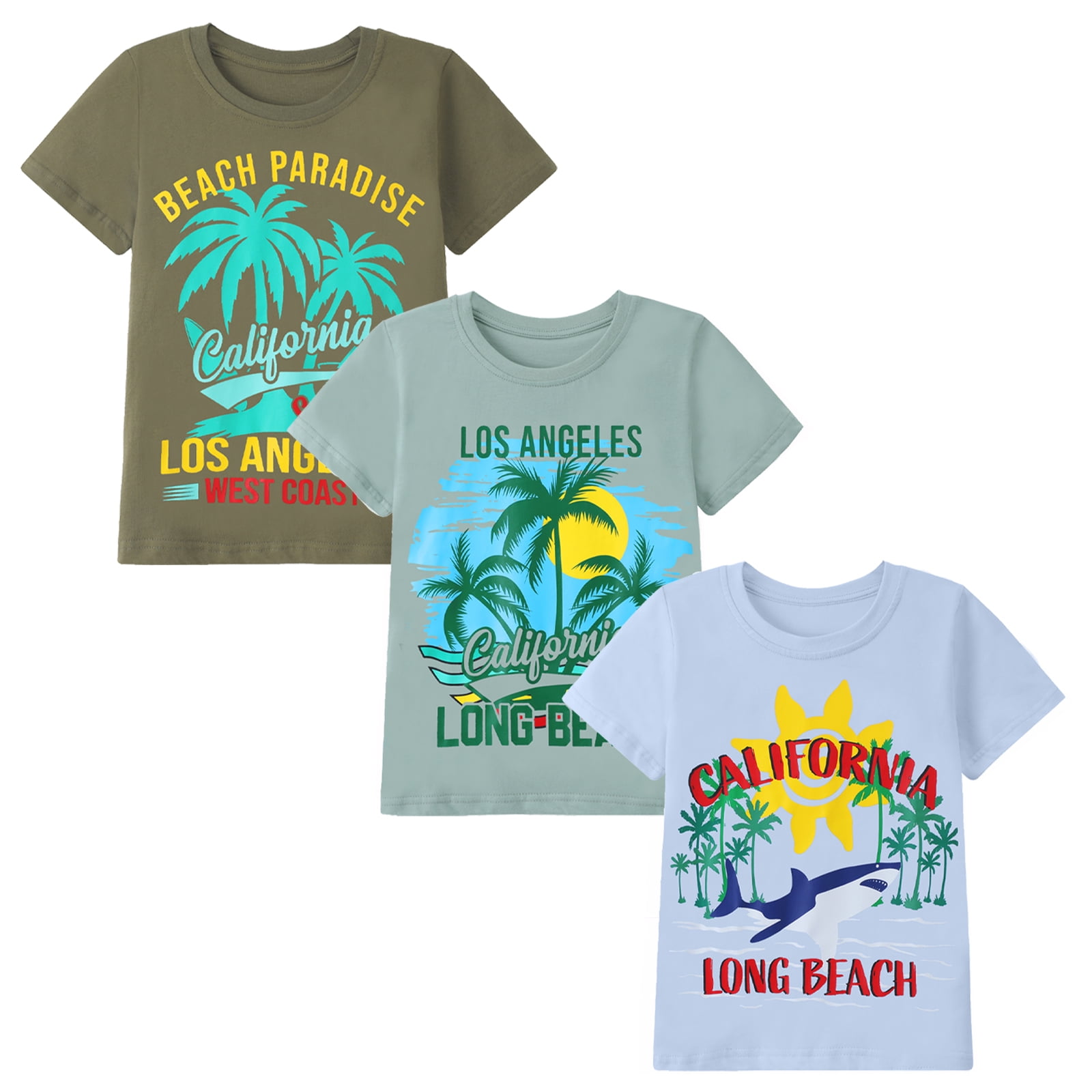 HILEELANG Big Boy Short Sleeve Tees Summer Olive Green Light Blue Shark ...