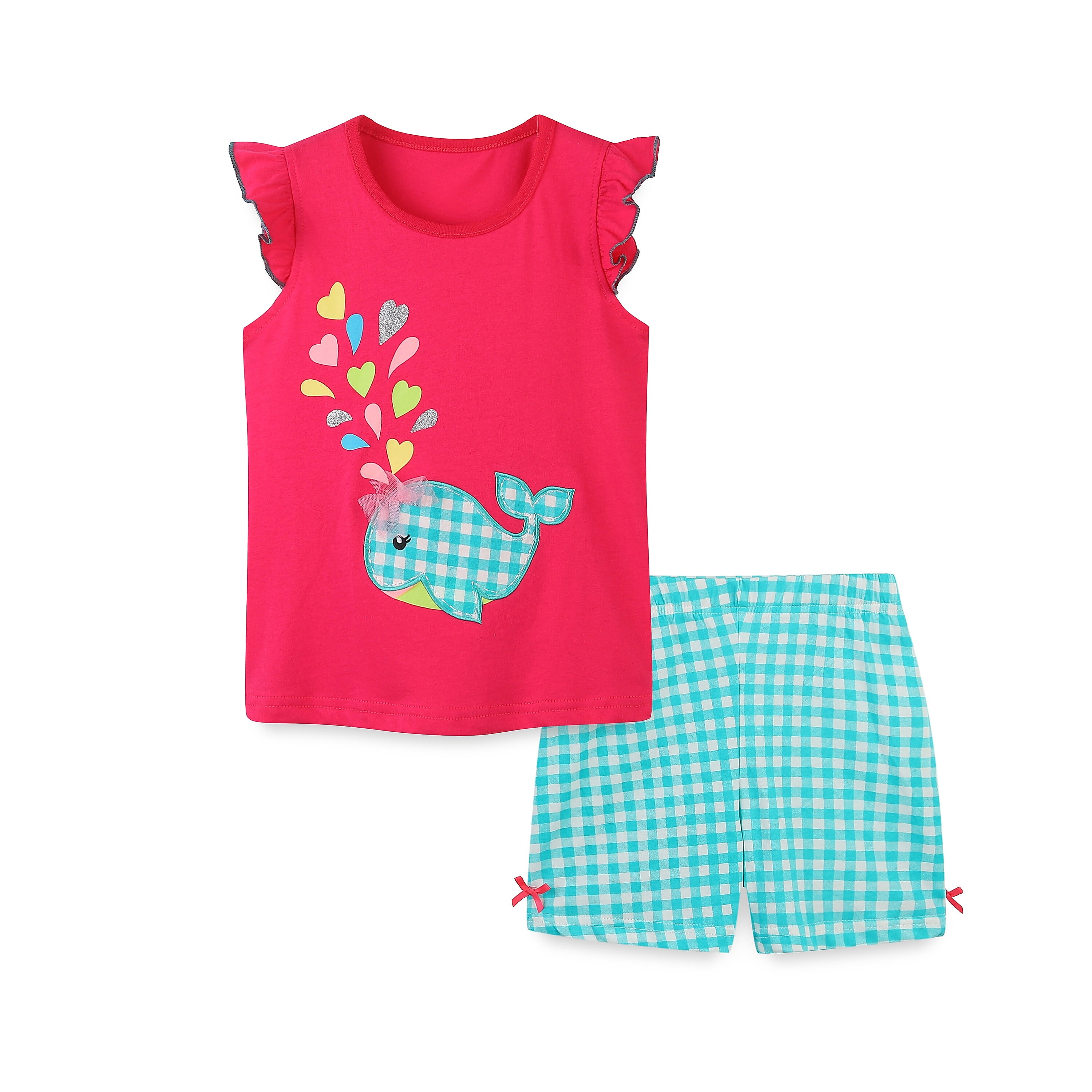 HILEELANG Toddler Girl Summer Clothes Set - Cotton Ruffle Sleeve Pink Fish Top & Check Shorts ...