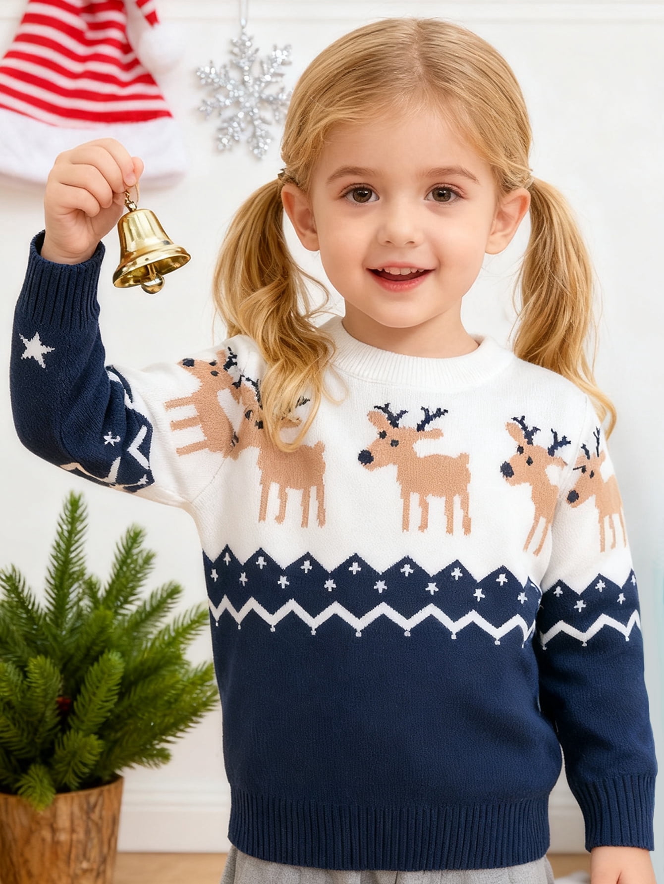 HILEELANG Kids Christmas Sweater 5-6T White Blue Elk Deer Sweatshirt ...