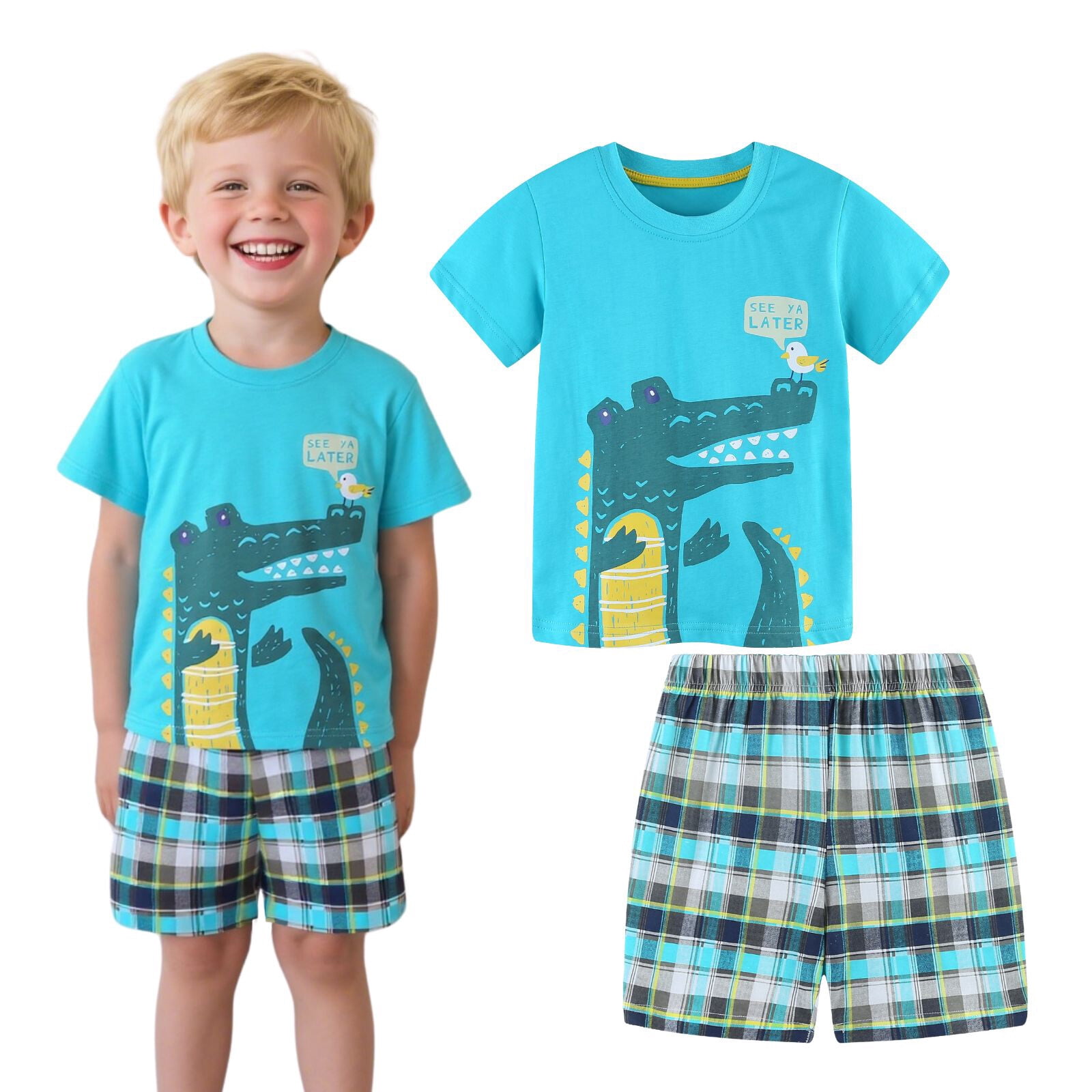 HILEELANG Little Boy Summer Short Sets Outfits Cotton CrewNeck Green ...