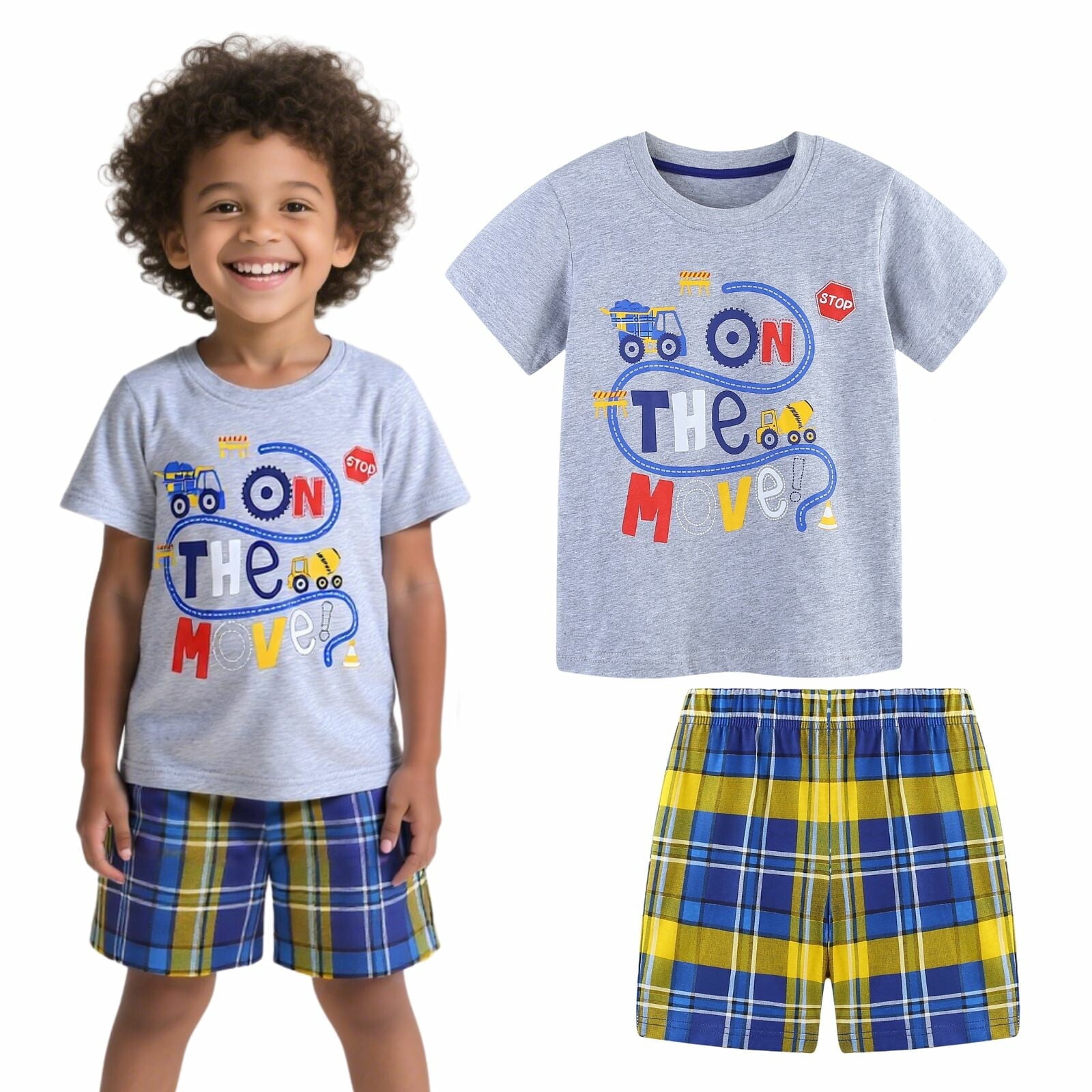 HILEELANG Little Boy Summer Short Sets Outfits Cotton CrewNeck Grey ...