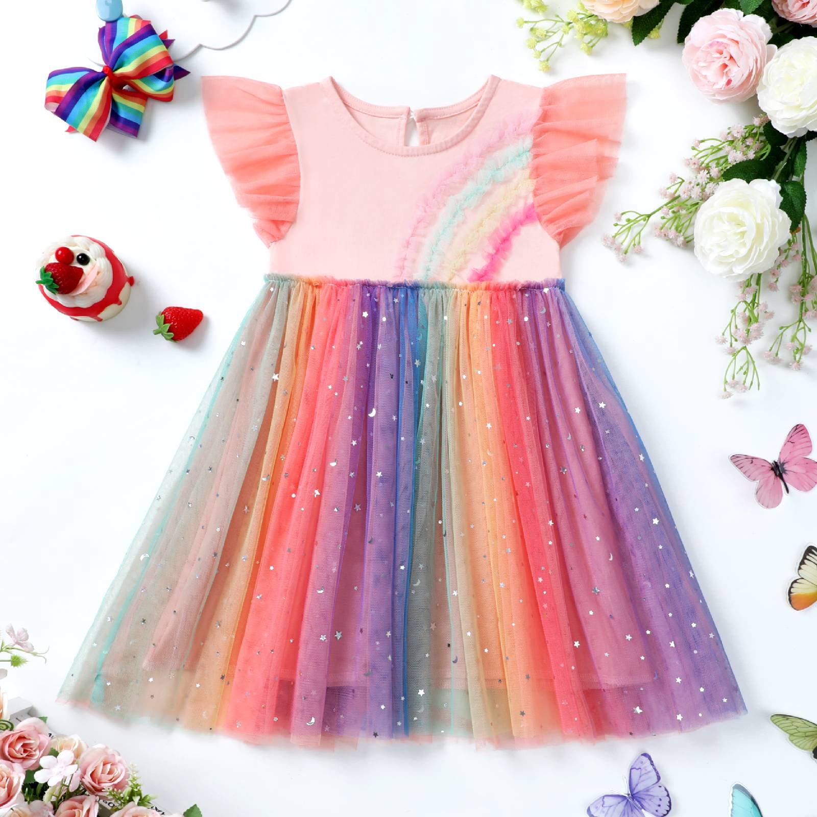HILEELANG Little Girl Easter Dresses Short Ruffle Sleeve Cotton Tulle ...