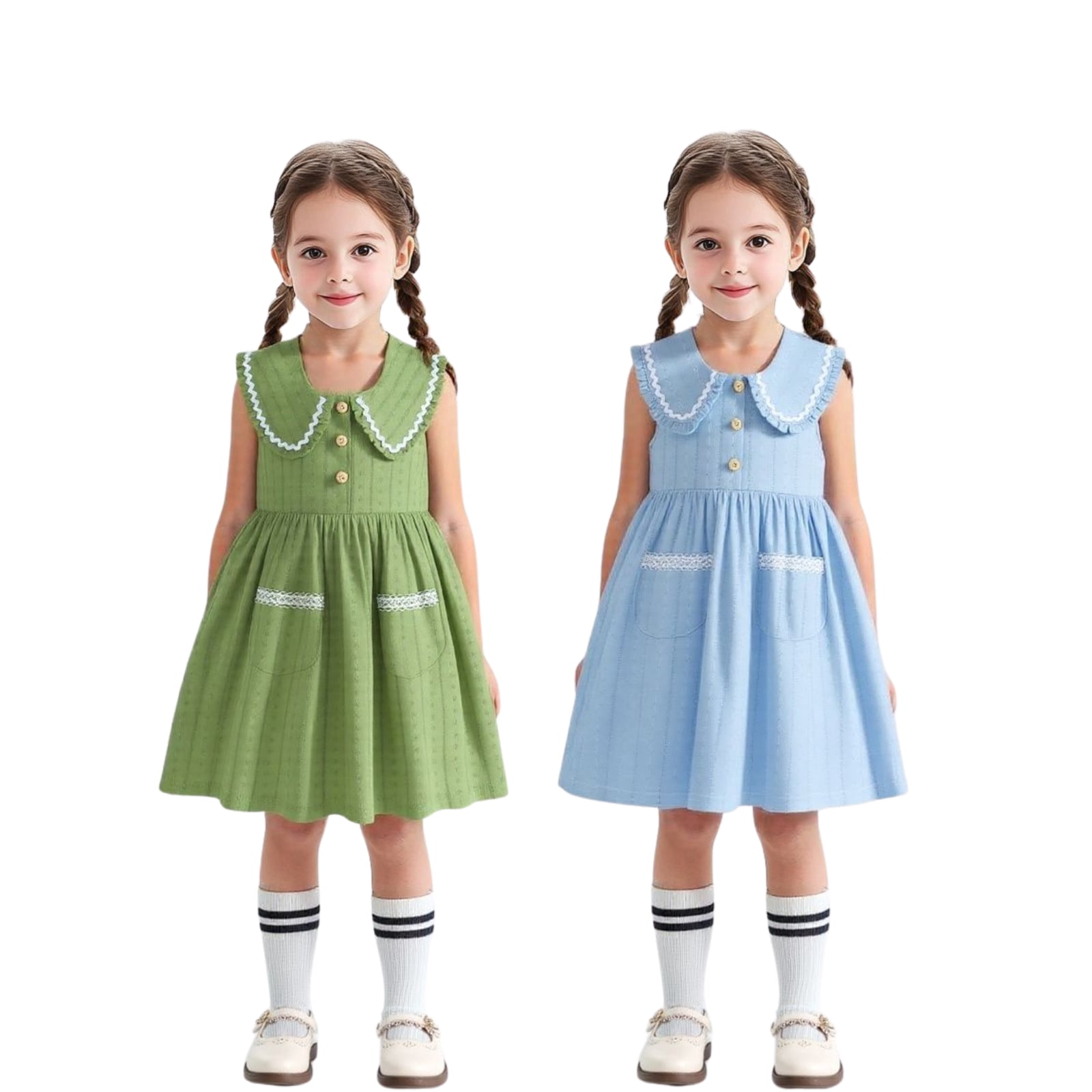 HILEELANG Girl Peter Pan Collar Dress Sleeveless Summer Cotton Casual ...