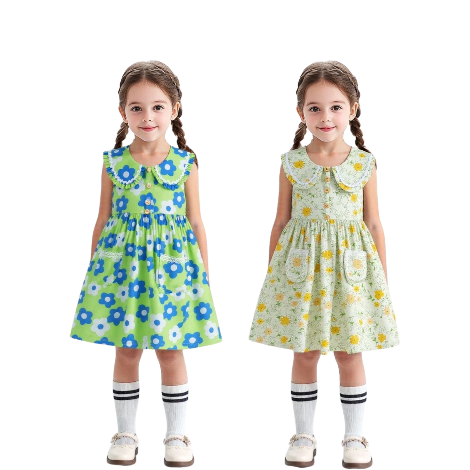 HILEELANG Girl Peter Pan Collar Dress Sleeveless Summer Cotton Casual ...