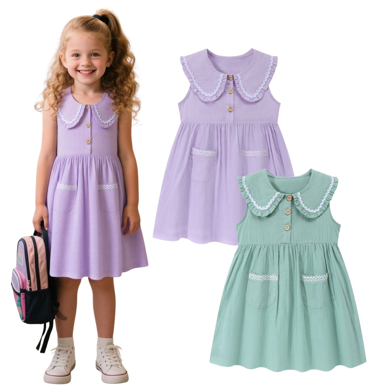 2-Pack Toddler Girls School Dresses, Sleeveless Peter Pan Collar ...