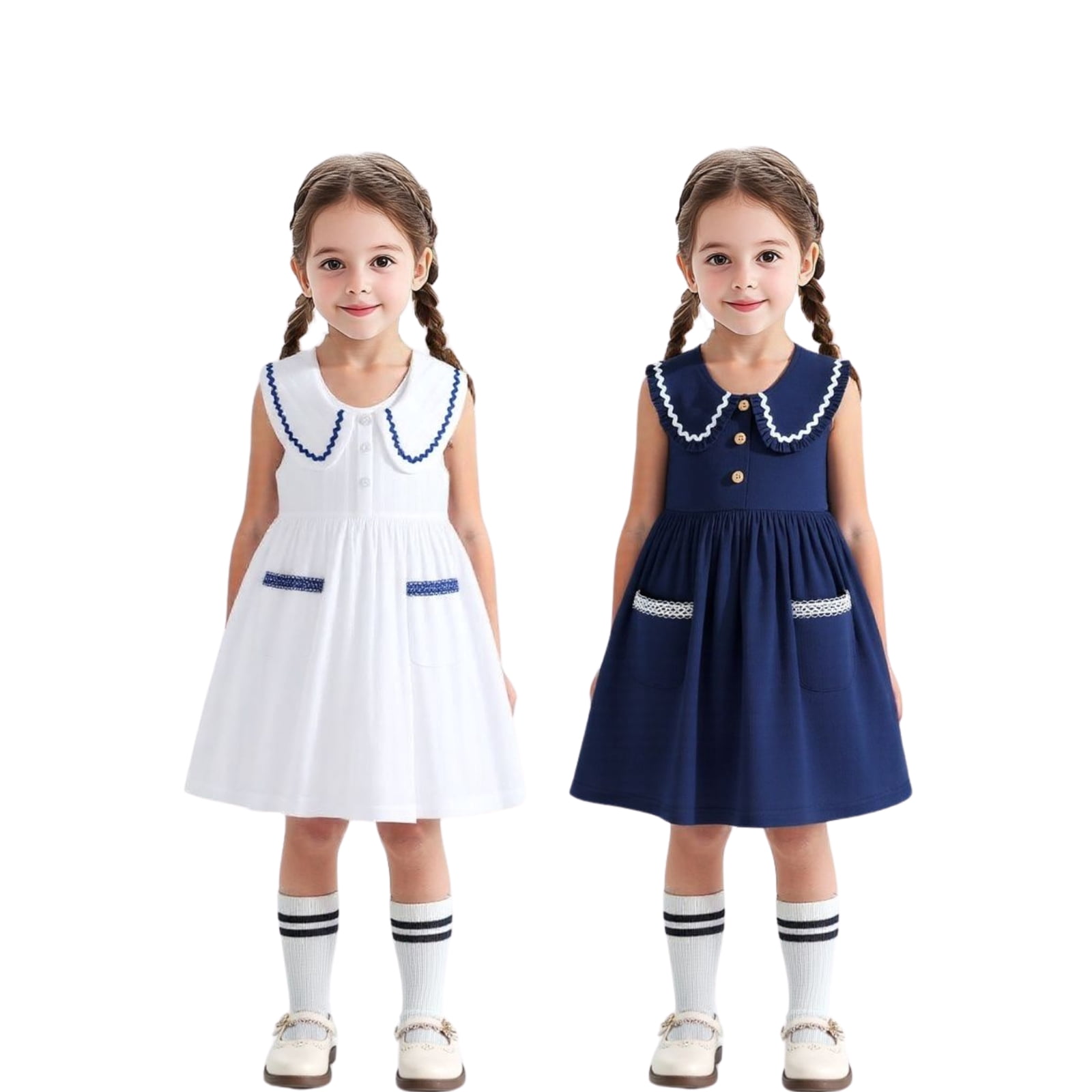 HILEELANG Girl Peter Pan Collar Dress Sleeveless Summer Cotton Casual ...
