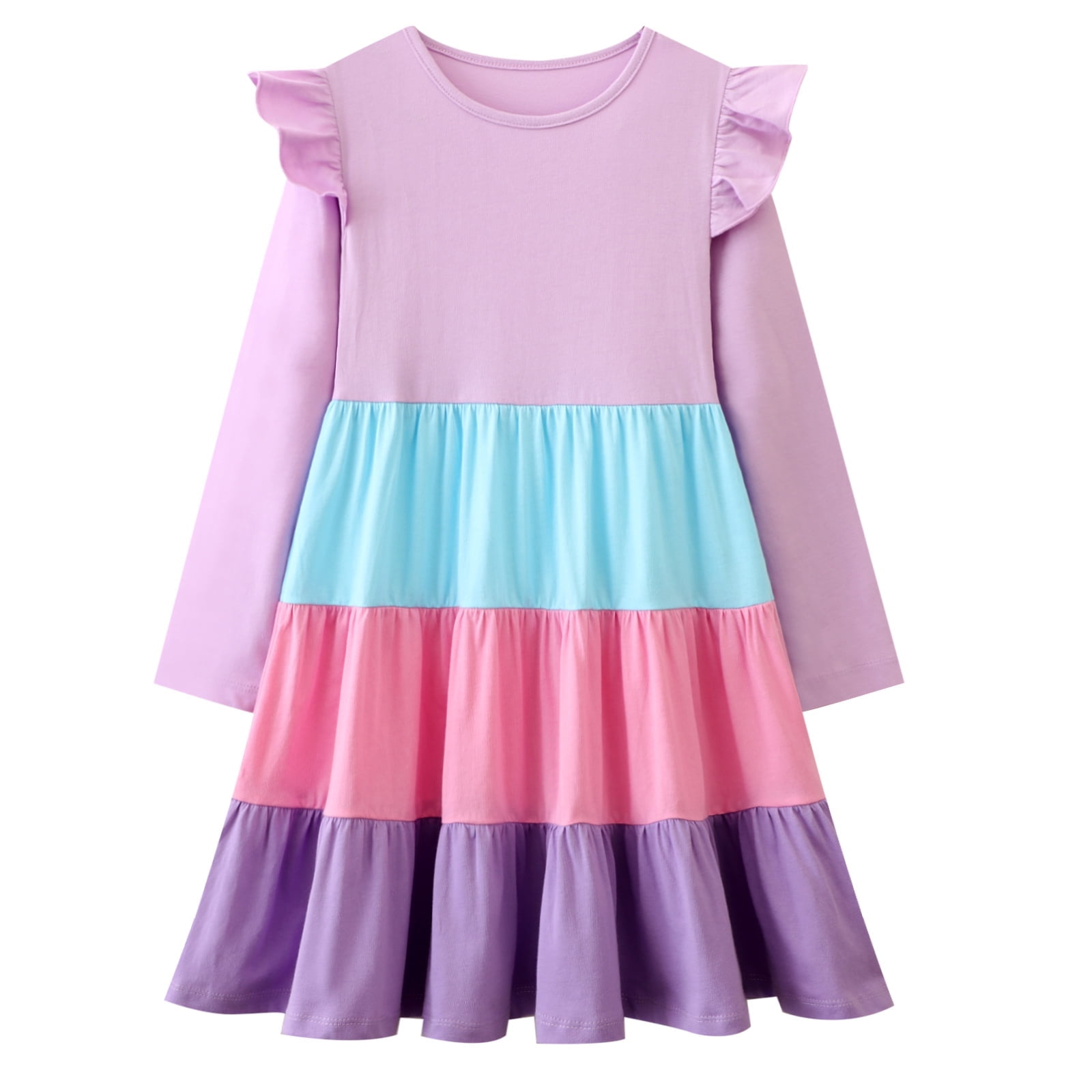 HILEELANG Little Girl Long Sleeve Dress Ruffle Solid Color Cotton ...
