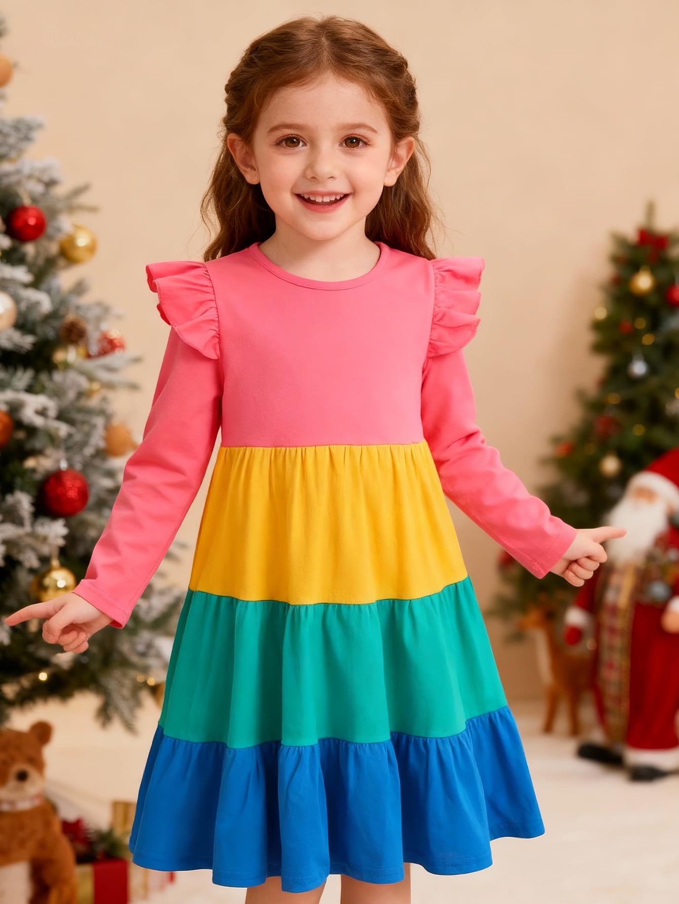 HILEELANG Little Girl Long Sleeve Dress Ruffle Solid Color Cotton ...