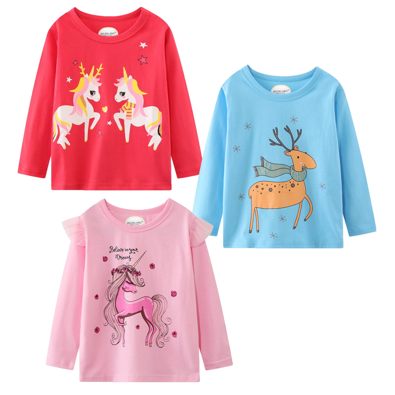 HILEELANG Little Girl Long Sleeve Shirts Christmas Ruffle Pink Red Unicorn Graphic Cotton Casual ...