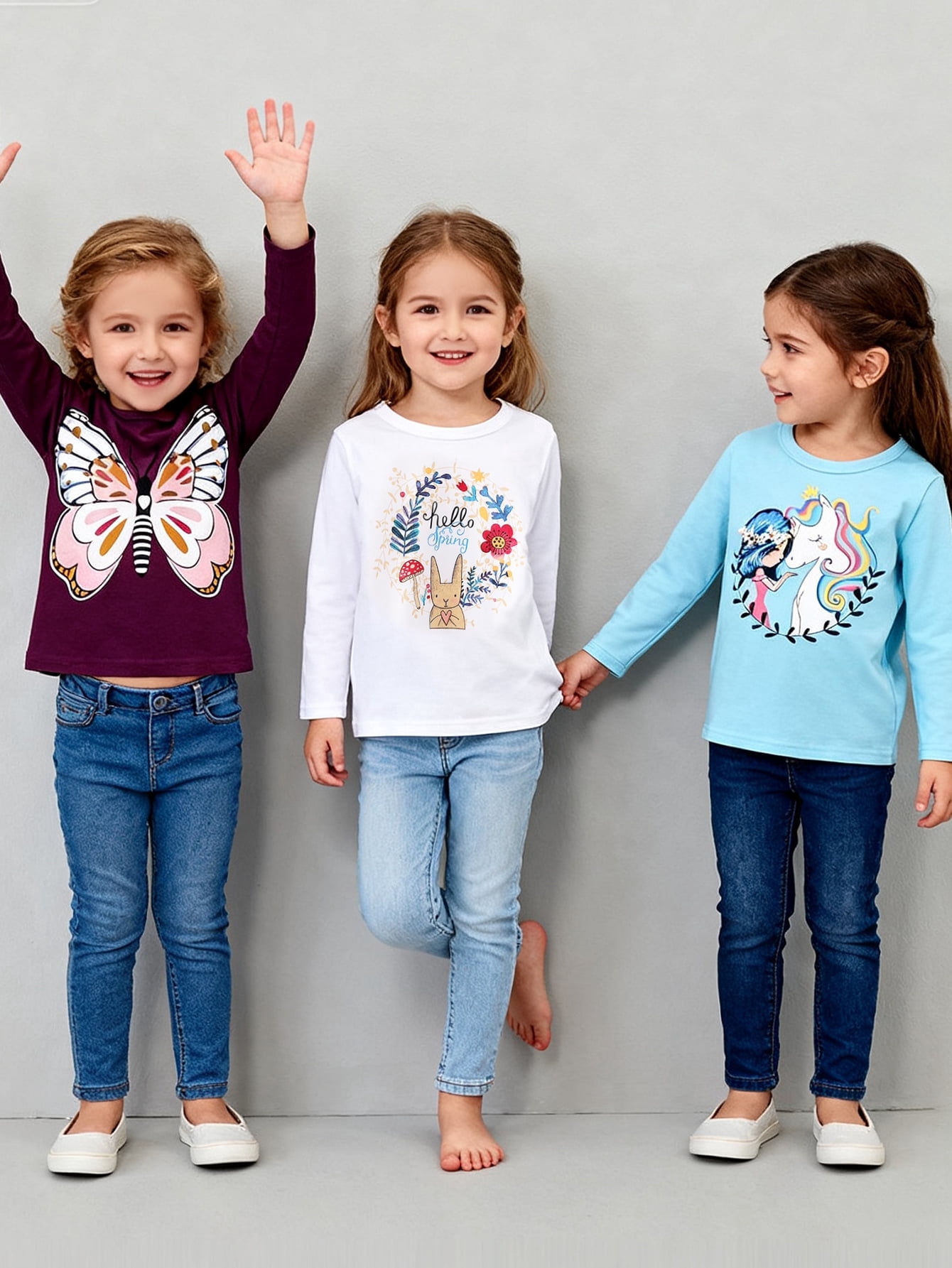 HILEELANG Little Girl Long Sleeve Cotton Shirts, Crewneck, 3 Packs Sets ...