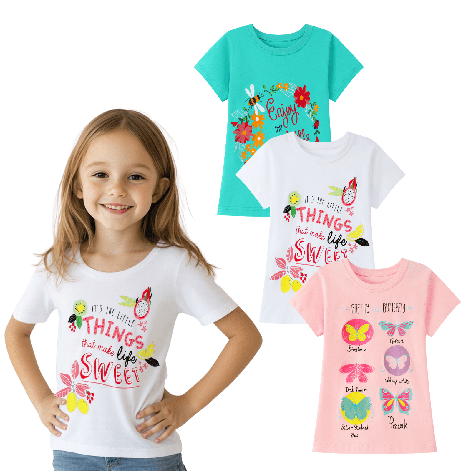 HILEELANG Little Girls' Short Sleeve Cotton T-Shirts, Summer Tops, 3 ...