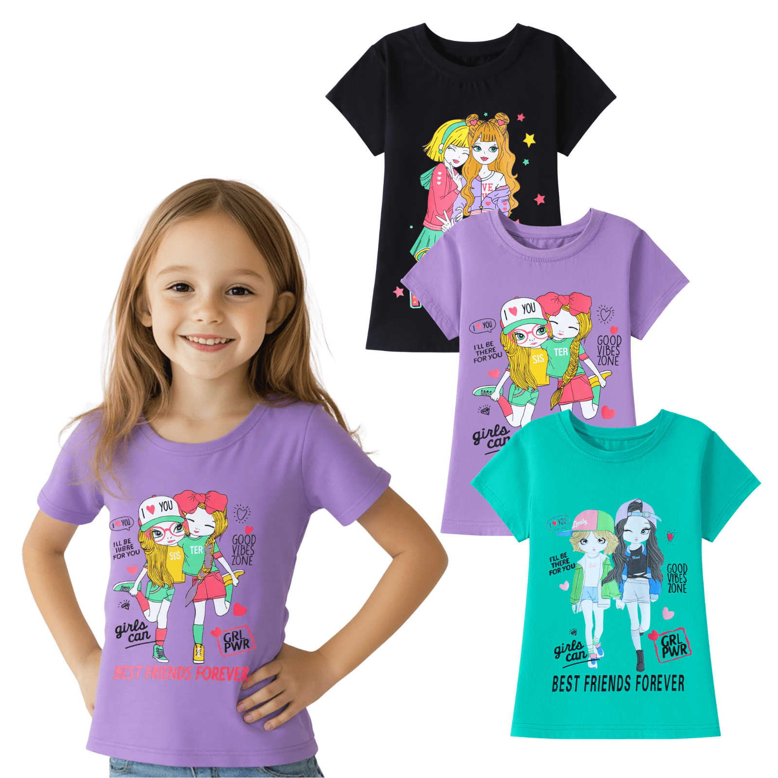 HILEELANG Little Girl Short Sleeve Tees Summer Purple Black Green Girl ...