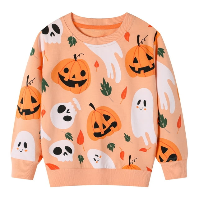 HILEELANG Little Girl Sweatshirts Halloween Pumpkin Ghost Printed Cotton Casual Crew Neck Long ...