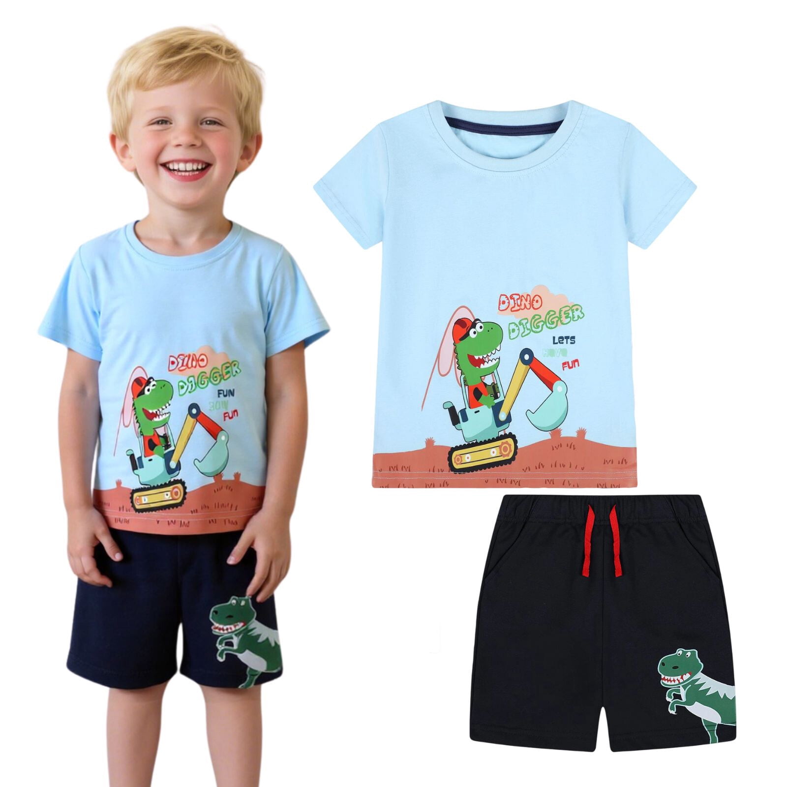 HILEELANG Toddler Boy Summer Short Sets Outfits Cotton CrewNeck Green ...