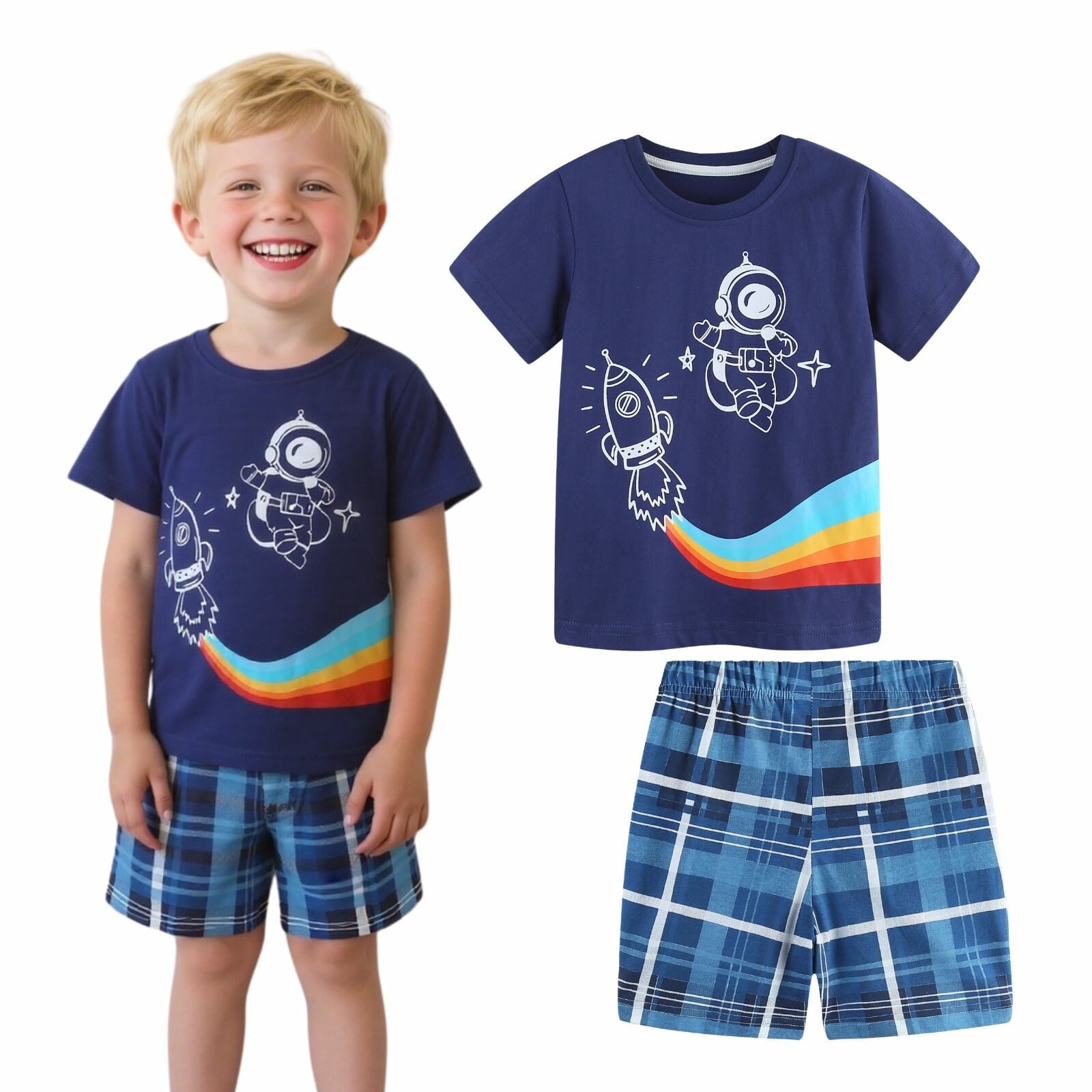 HILEELANG Toddler Boy Summer Short Sets Outfits Cotton CrewNeck Navy ...