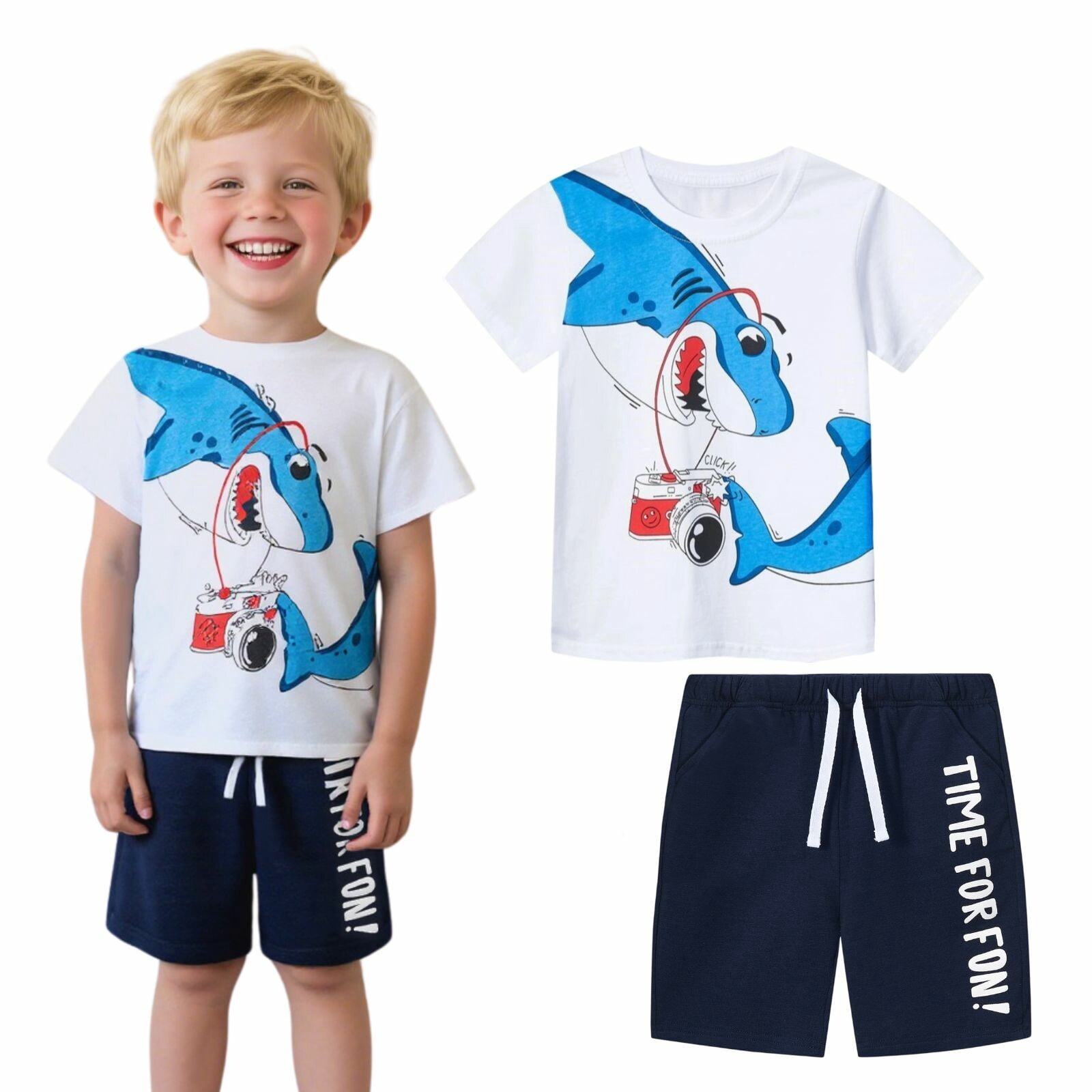 HILEELANG Toddler Boy Summer Short Sets Outfits Cotton CrewNeck White ...