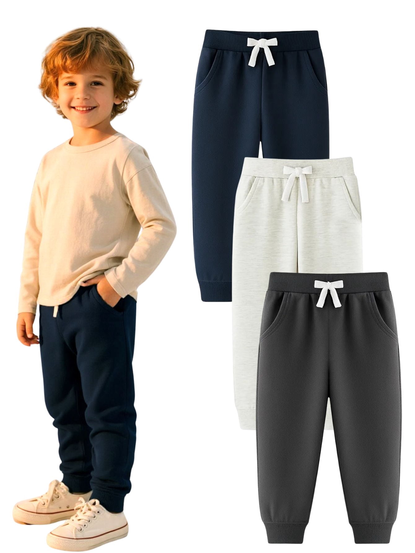 HILEELANG Toddler Boys Cotton Jogger Sweatpants 3 Pack, Black LightGrey ...