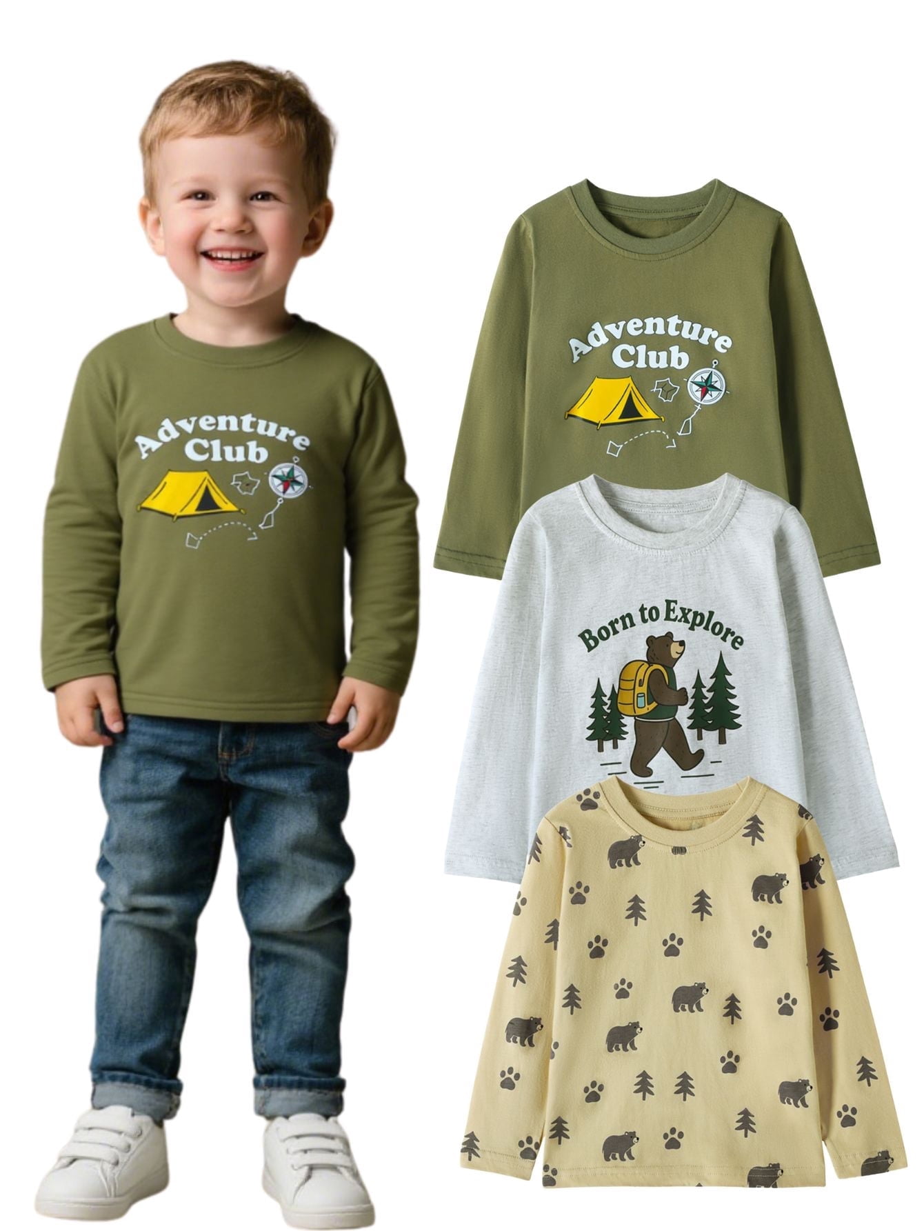 HILEELANG Toddler Boys（18M-7Y) Shirt 3-Pack Bear Graphic Long-Sleeve ...