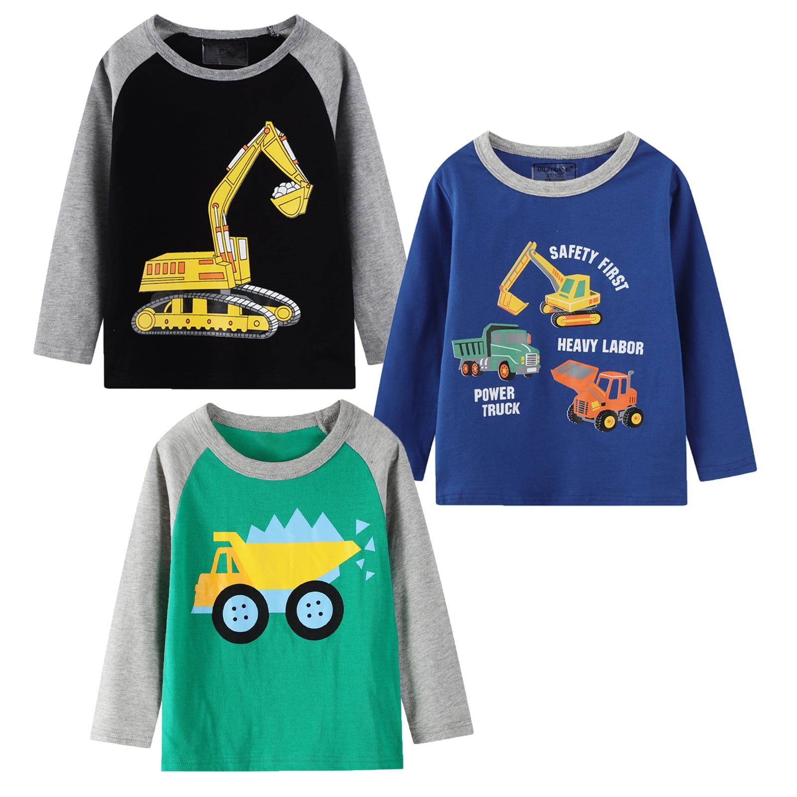 HILEELANG Toddler Boys Long Sleeve 3-Pack T-Shirts, Construction Graphic, Soft Cotton, 4T ...
