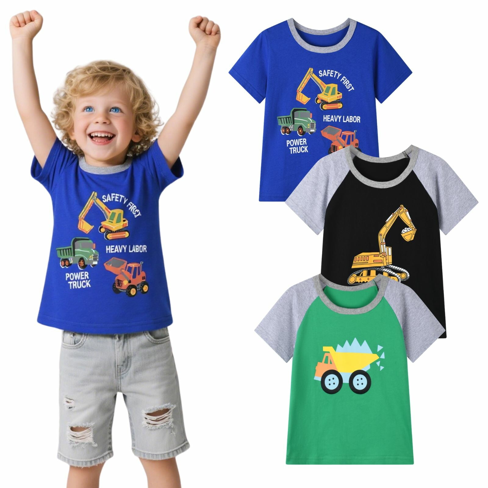 HILEELANG Toddler Boys' Short Sleeve Tees, Cotton Excavator Truck T ...