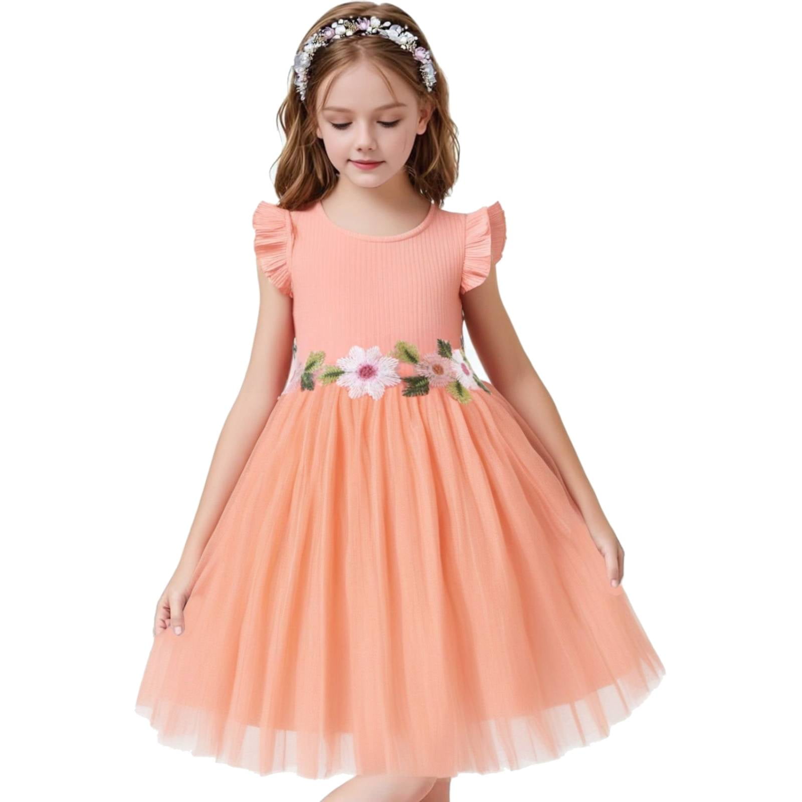HILEELANG Toddler Flower Girls Flutter Sleeve Easter Party Dress Peach ...