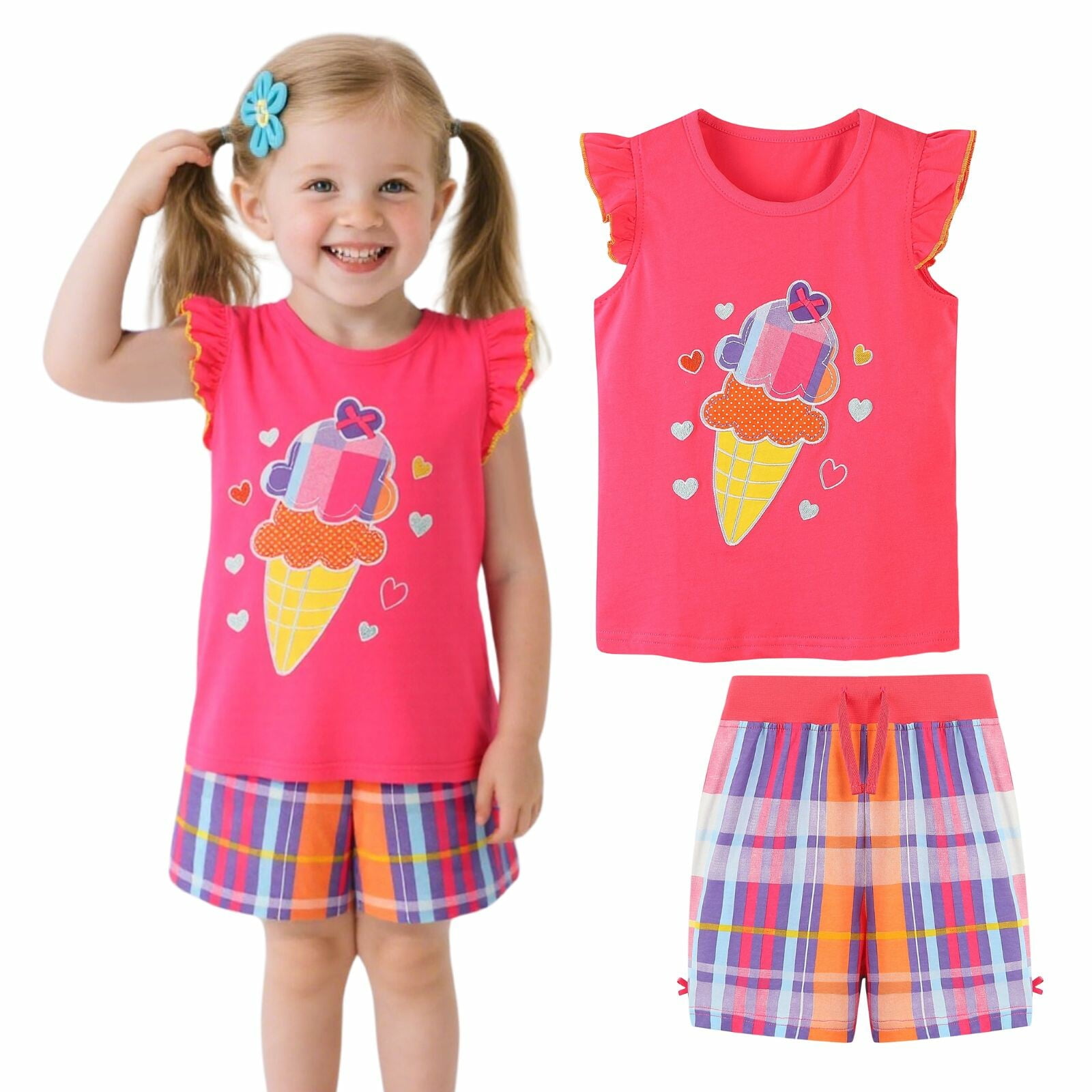 HILEELANG Toddler Girl 5T Summer Outfits: Ruffle Sleeve Ice Cream Tank ...