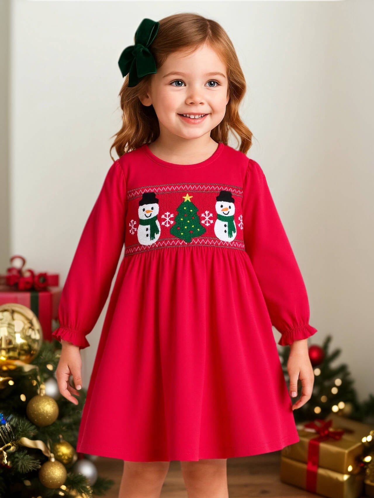 HILEELANG Toddler Girls Christmas Long Sleeve Dress Cotton Casual Red ...