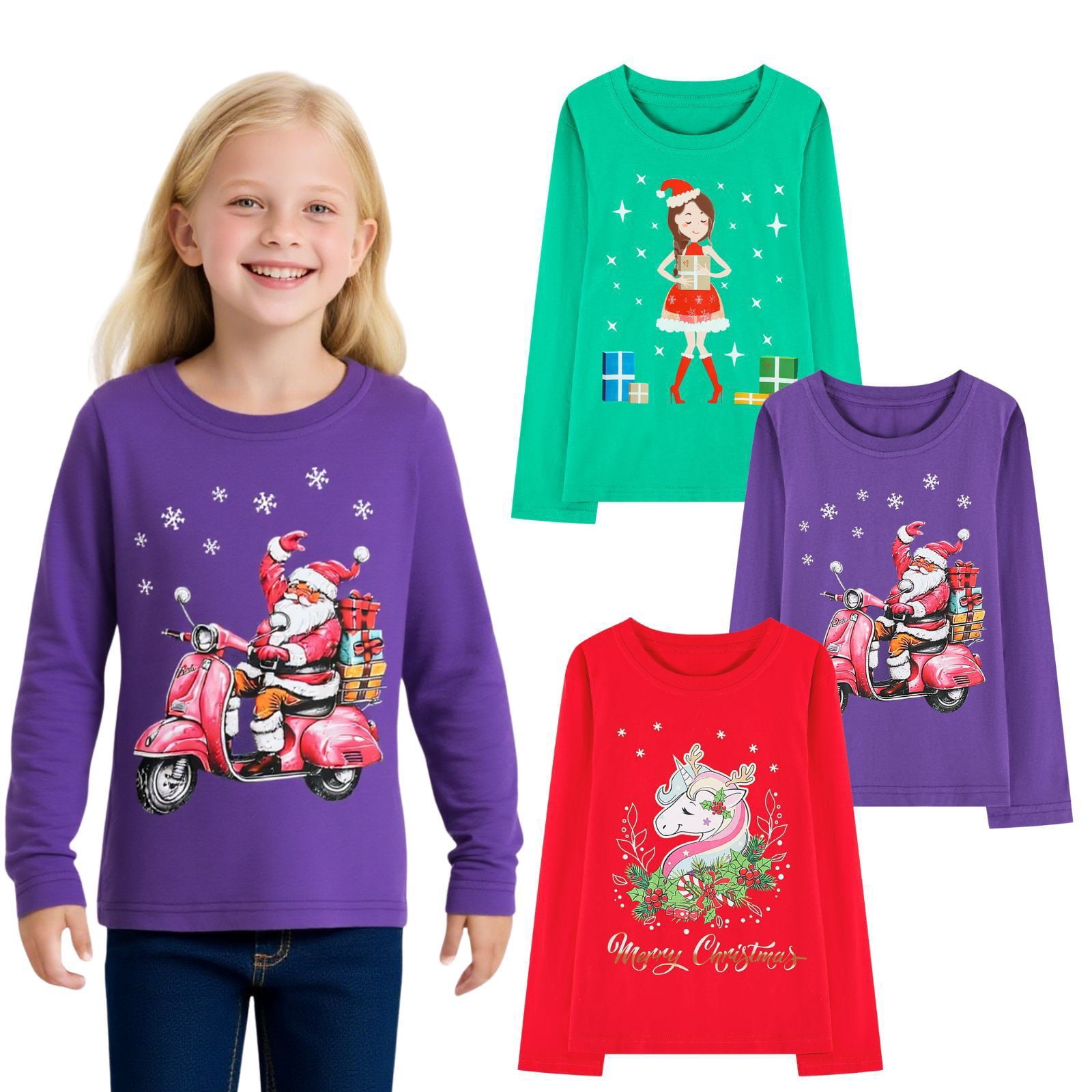 HILEELANG Toddler Girls'Christmas Long Sleeve Tee Shirt Cotton Crewneck ...
