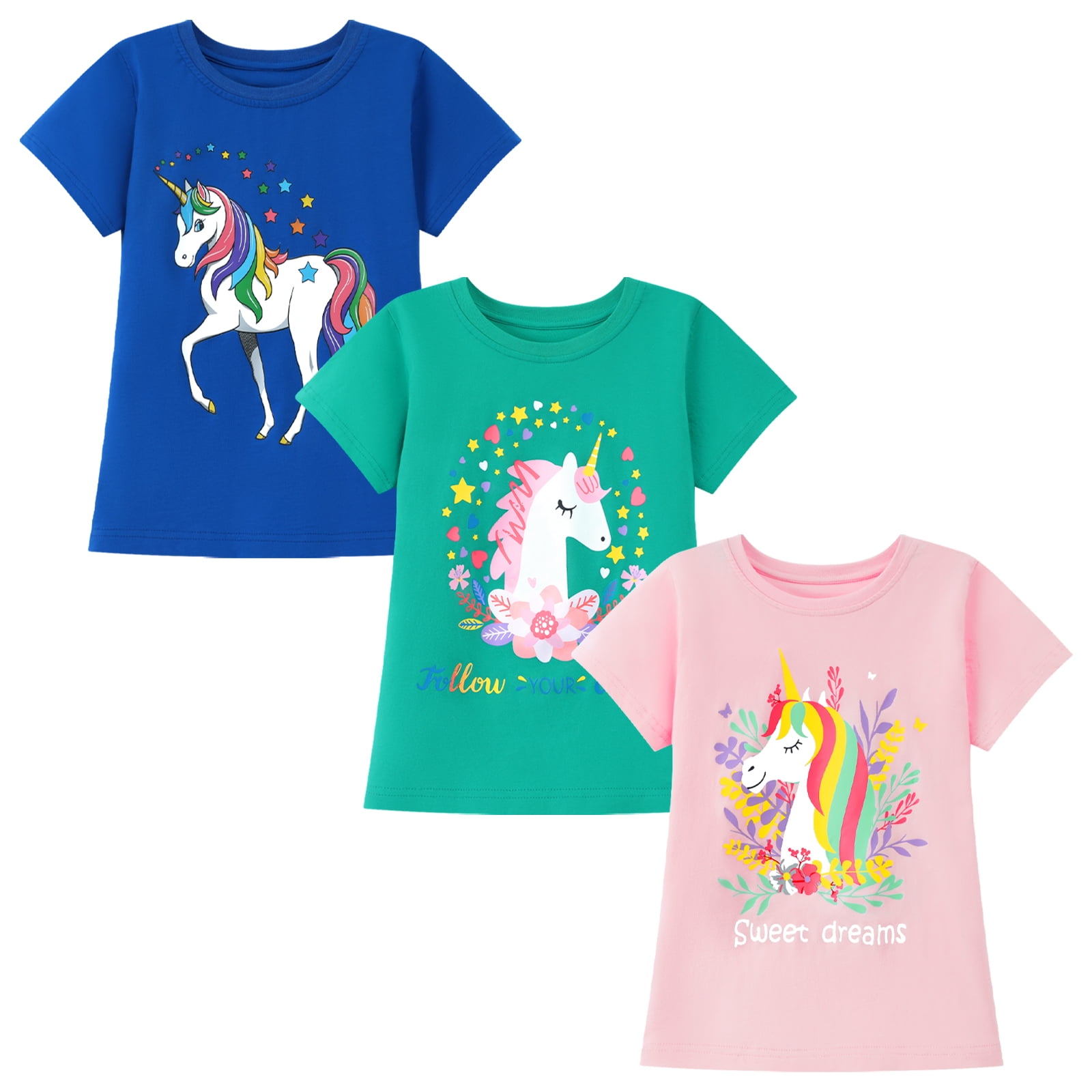 HILEELANG Tween Girl Short Sleeve Tees Summer Unicorn Pink Navy Green ...