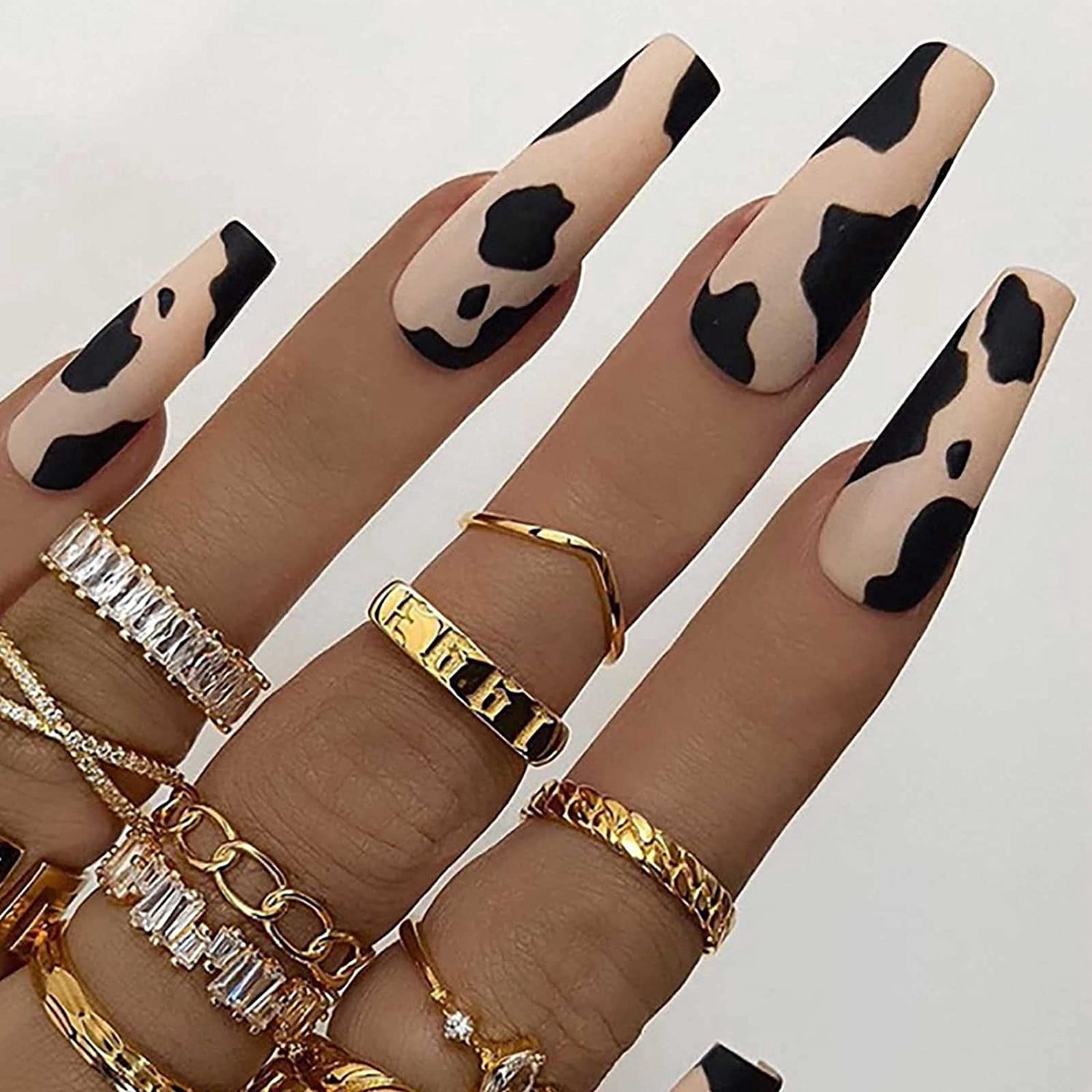 HIMIWAY Cow Pattern Long Ballet Manicure Finished Fake Nail Manicure ...