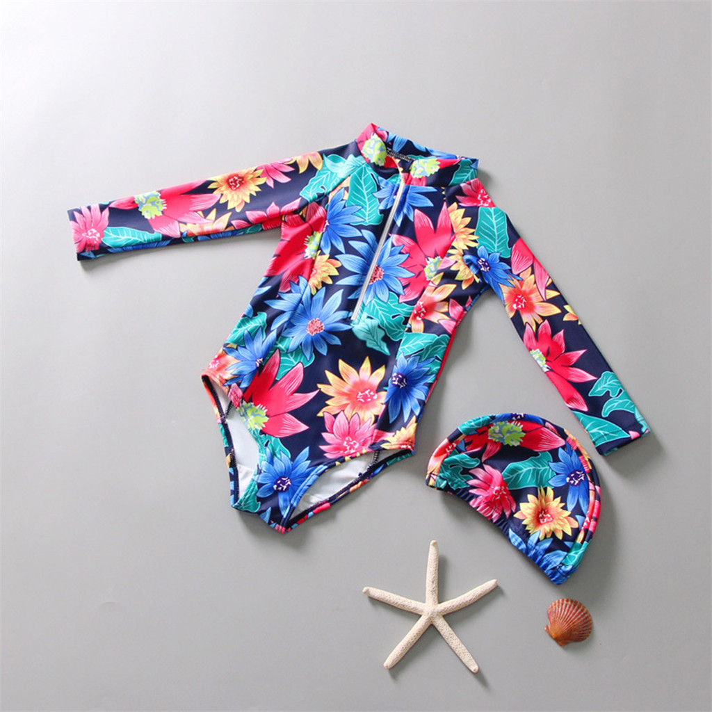 HIMIWAY Girls' Summer Cute Long Sleeve Floral Print One-Piece Swimsuit ...