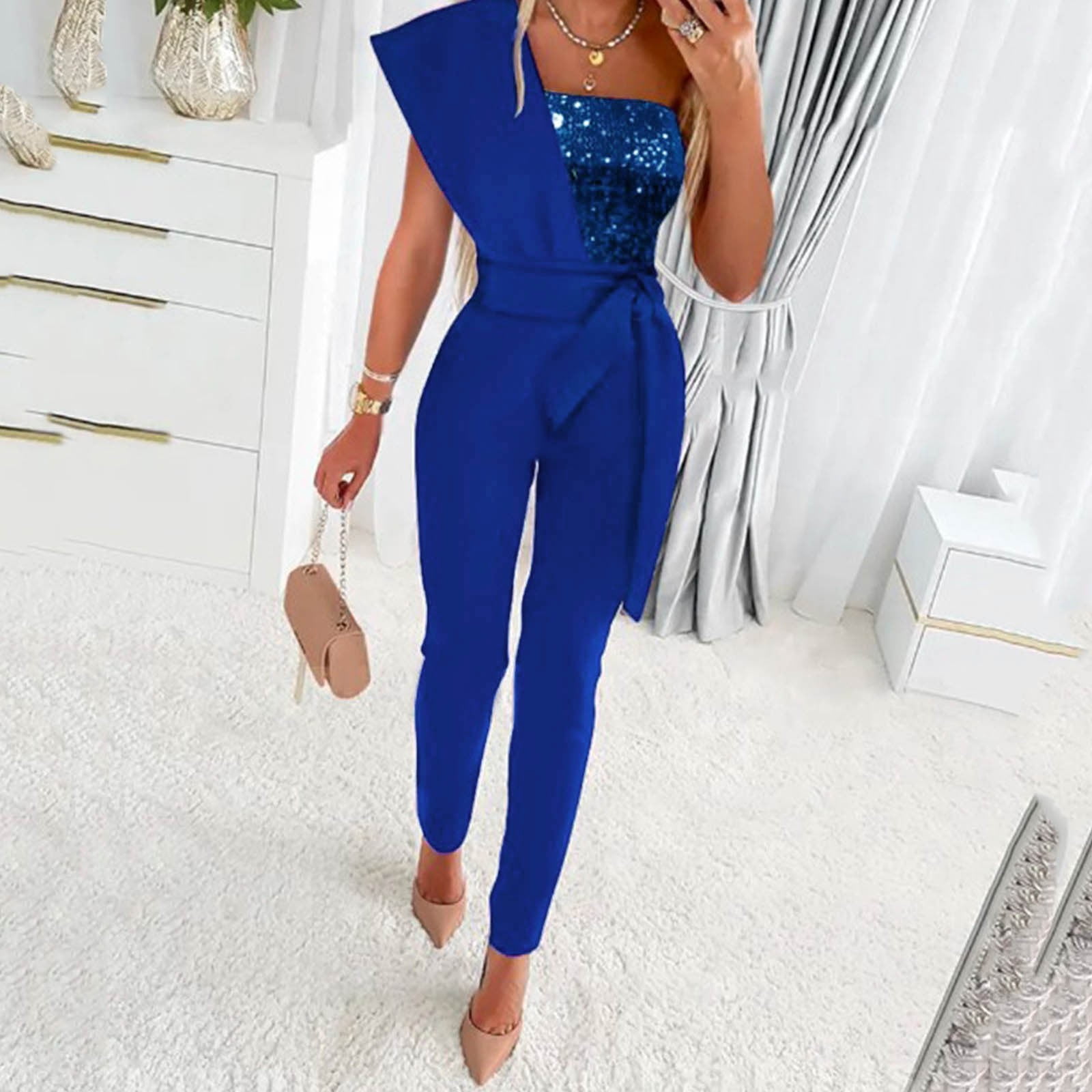 HIMIWAY Jumpsuits for Women Women's Solid Color Sleeveless with Belt ...