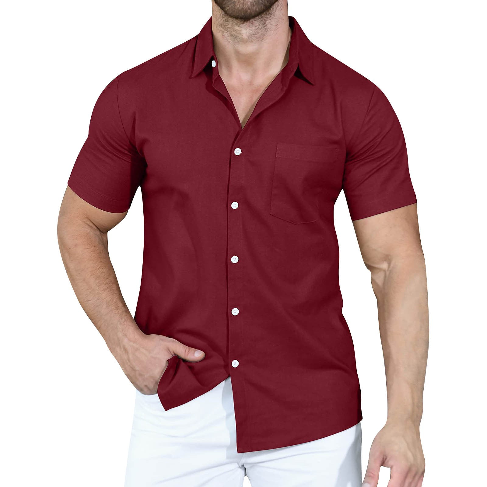 HIMIWAY Men's Classic Regular Fit Button Down Short Sleeve Solid Color ...