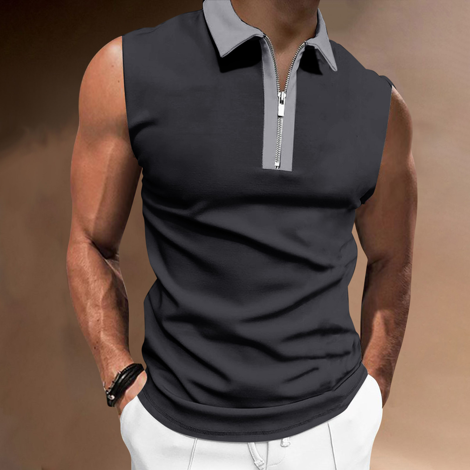 HIMIWAY Tank Tops Men and Big Men Men Lapel Summer Tank Top Zipper ...