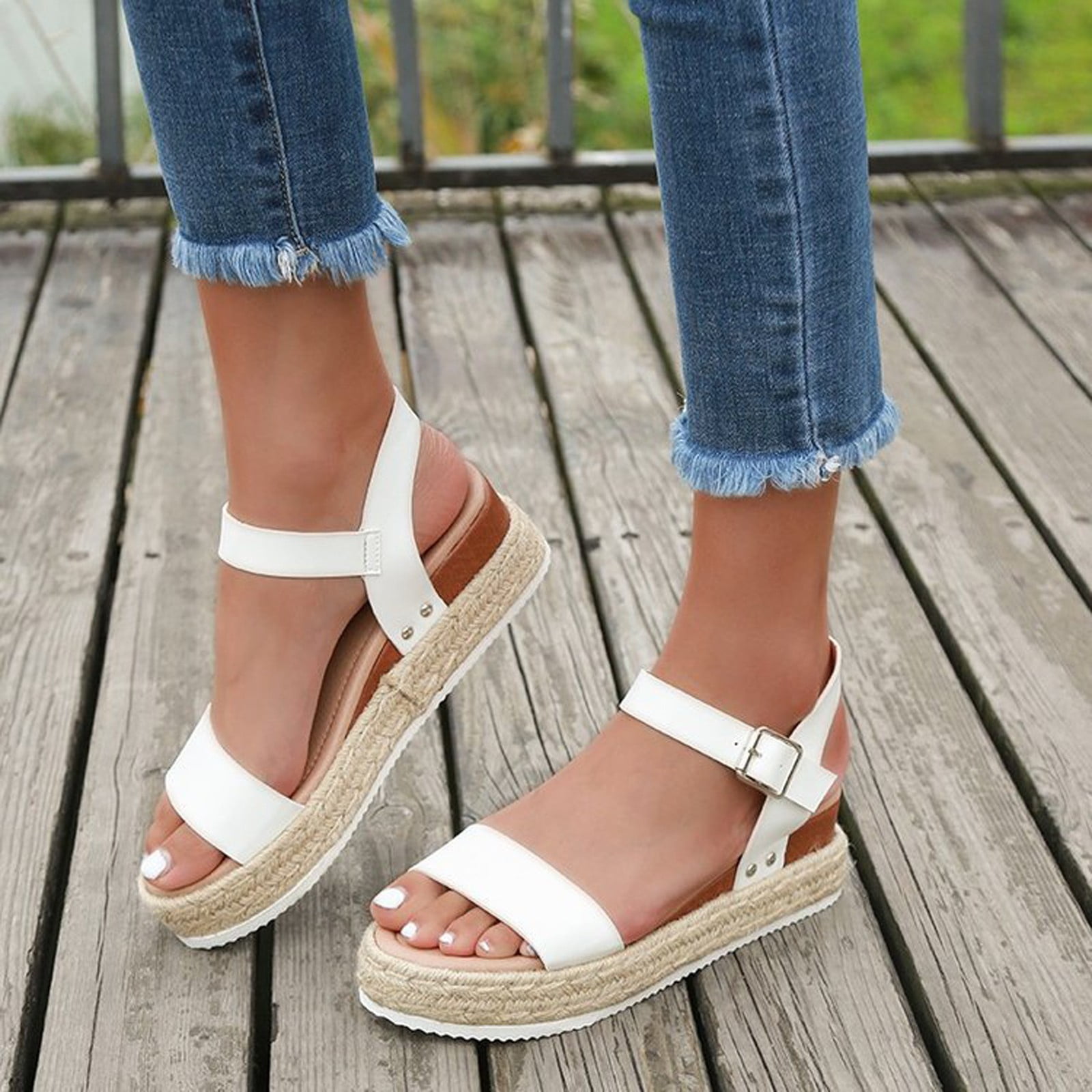 HIMIWAY White Heels Large Size Summer Comfortable Solid Color Slope ...
