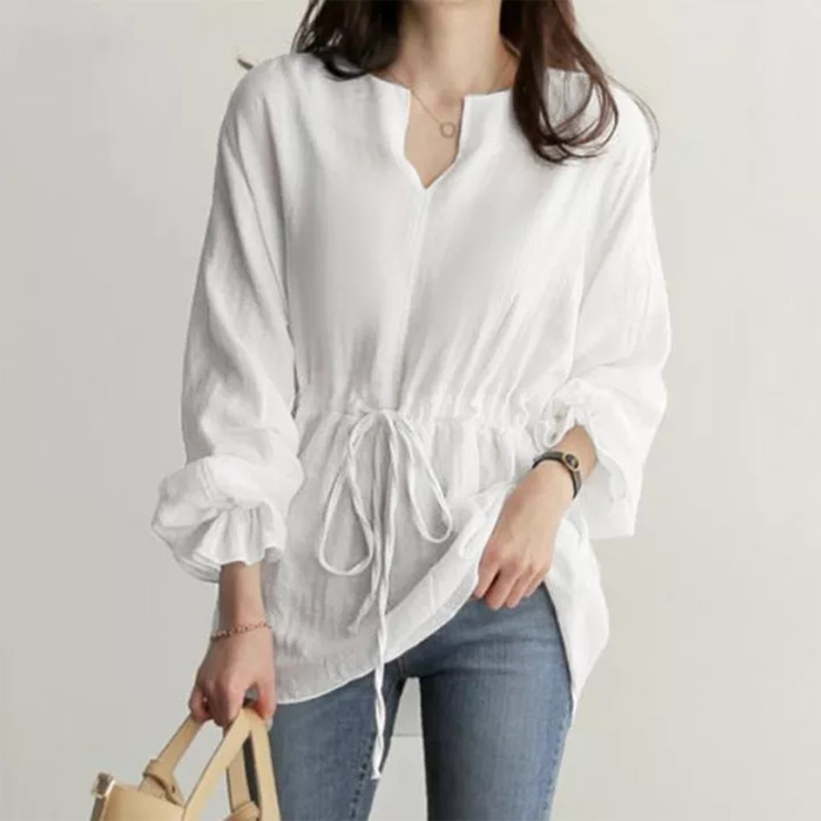 HIMIWAY Women's Solid Color Casual Long Sleeve V-Neck Shirt Drawstring ...
