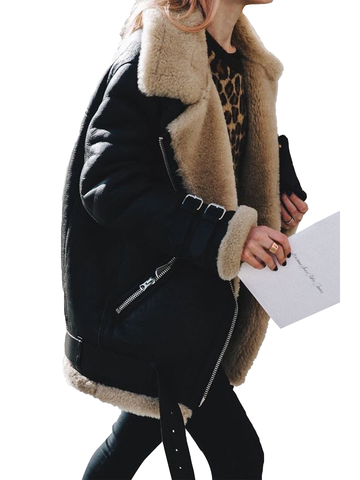 Himone Women Winter Locomotive Faux Fur Fleece Coat Suede Lamb Outwear