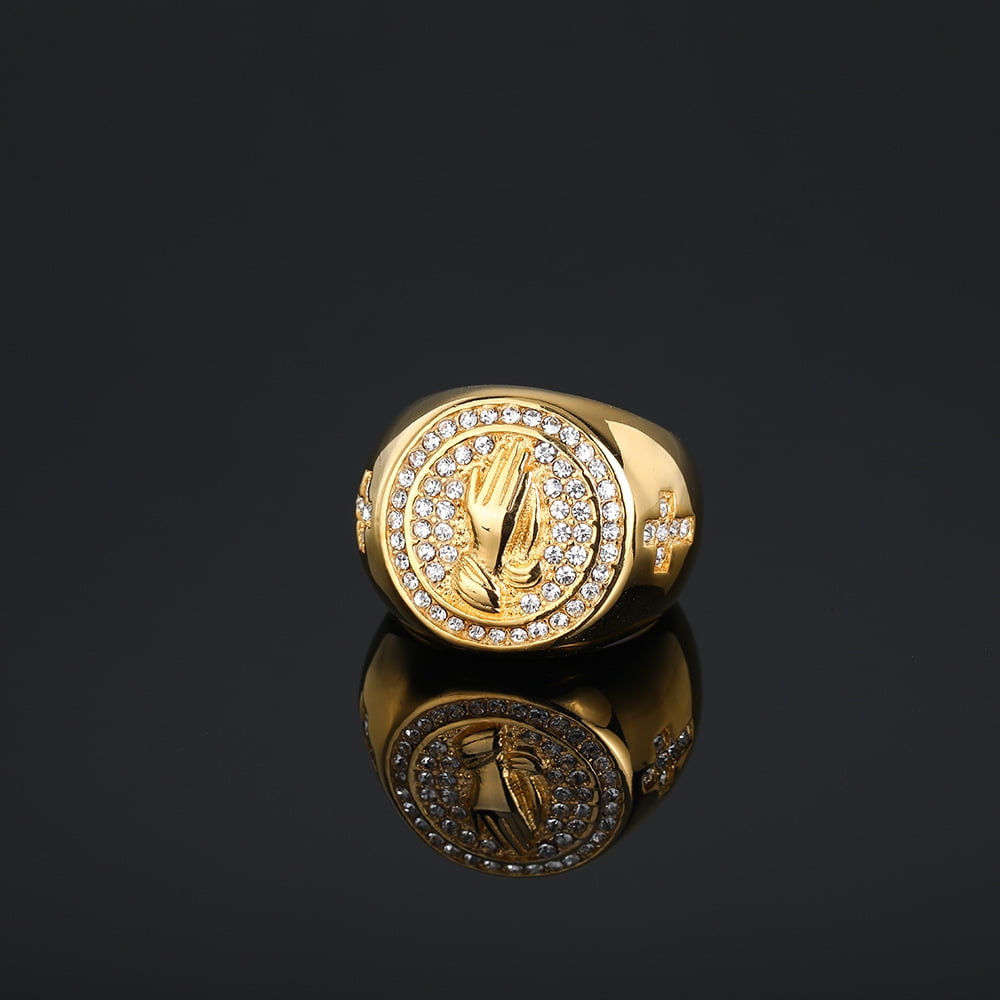 HIP HOP Bling Iced Out 14K Yellow Gold Cross Pattern The Praying Hands ...