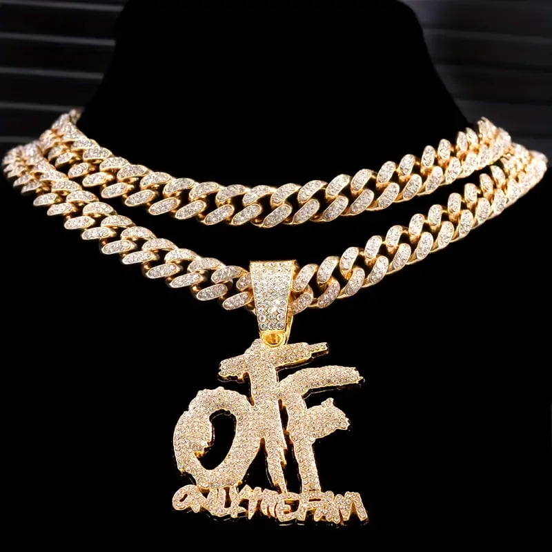 HIP HOP Bling Iced Out OTF Letter Pendant Cuban Necklace for Women Men ...